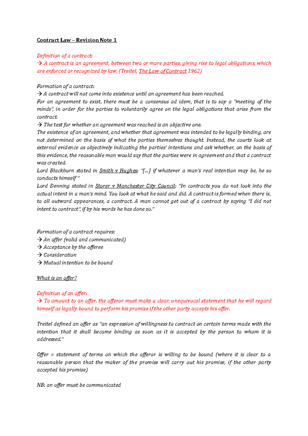 Offer and Acceptance - Contract Law – Revision Note 1 Definition of a ...