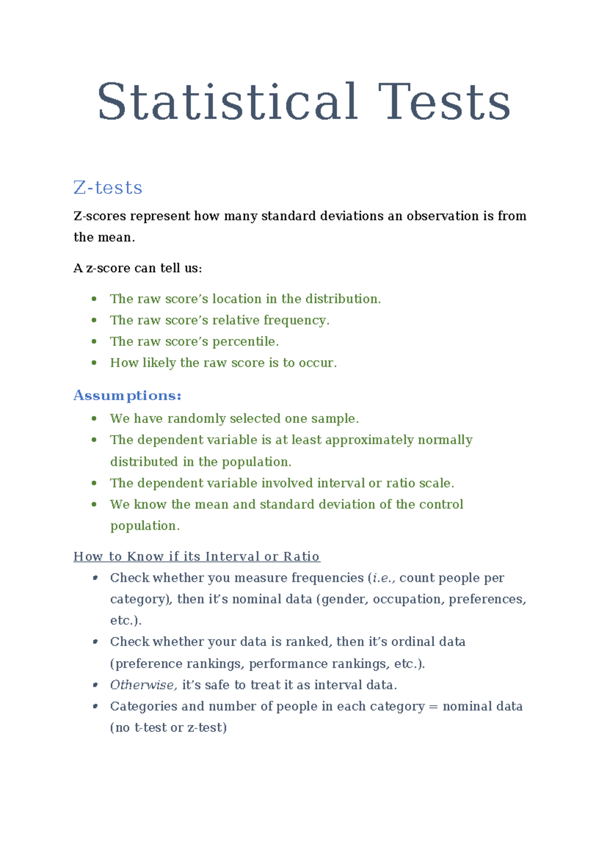 Statistical Tests - Statistical Tests Z-tests Z-scores represent how ...