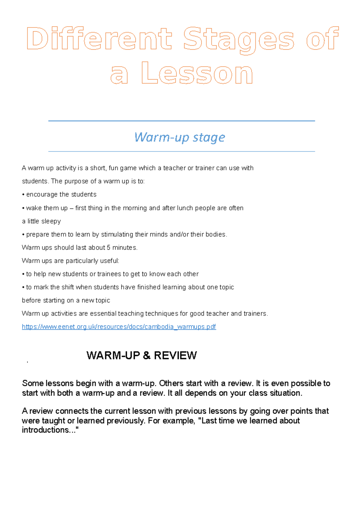 Different Stages of a Lesson - Different Stages of a Lesson Warm-up ...