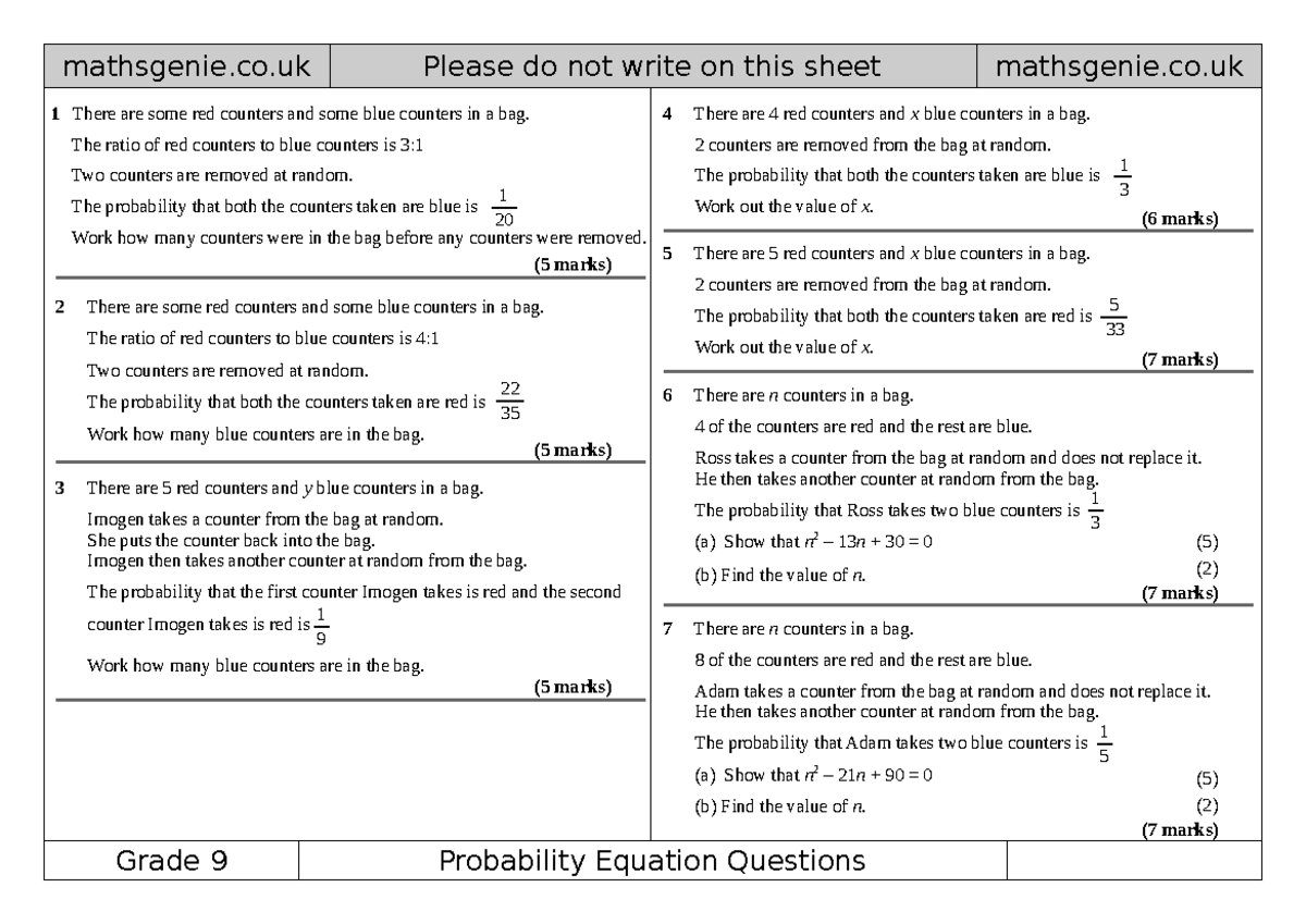9 probability equation ws - mathsgenie.co Grade 9 Probability Equation ...