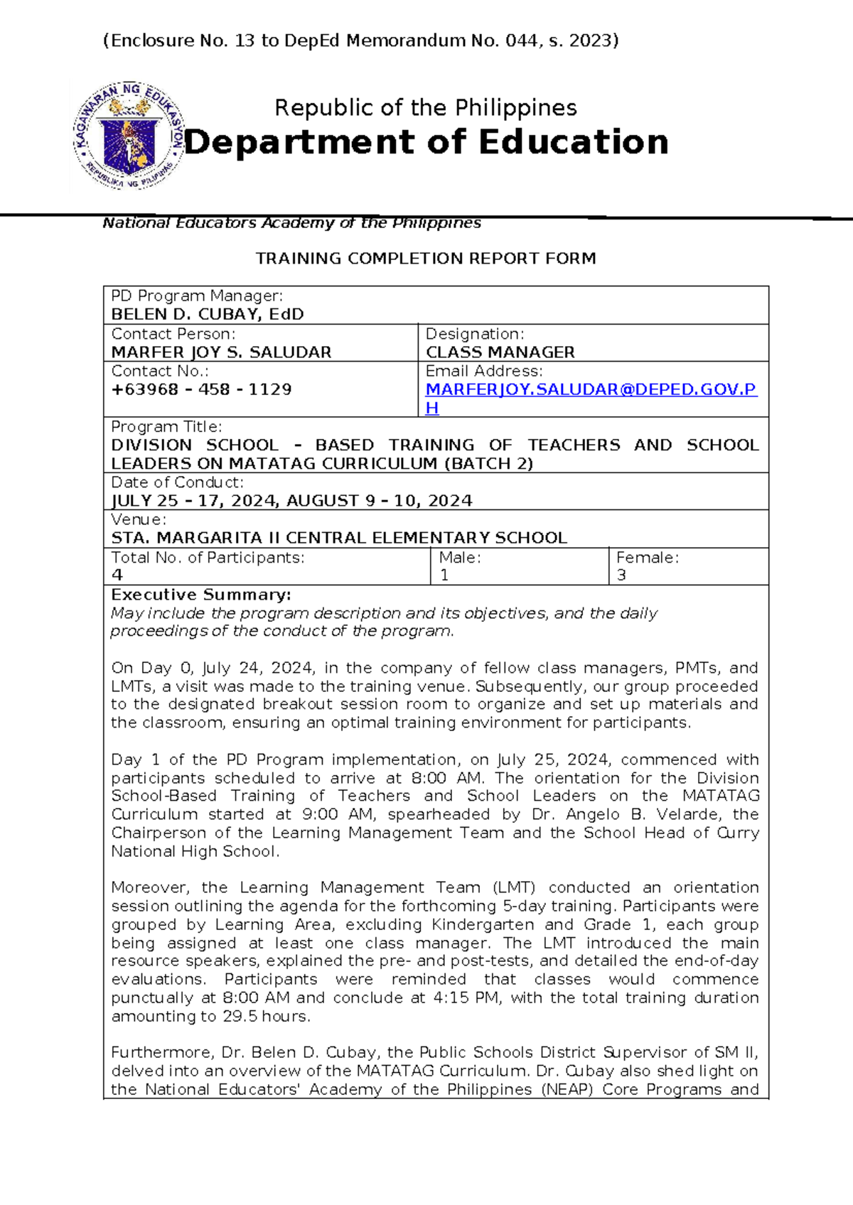 Training-Completion-Report-Form - Republic of the Philippines ...