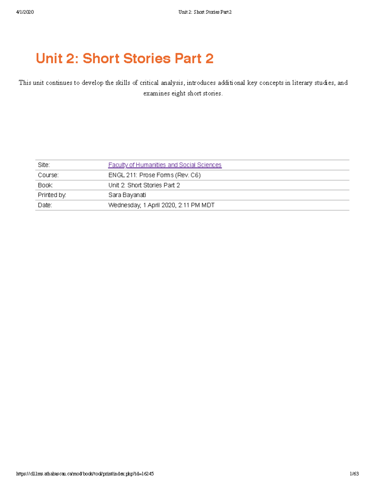 Unit 2 Short Stories Part 2 - Unit 2: Short Stories Part 2 This unit ...