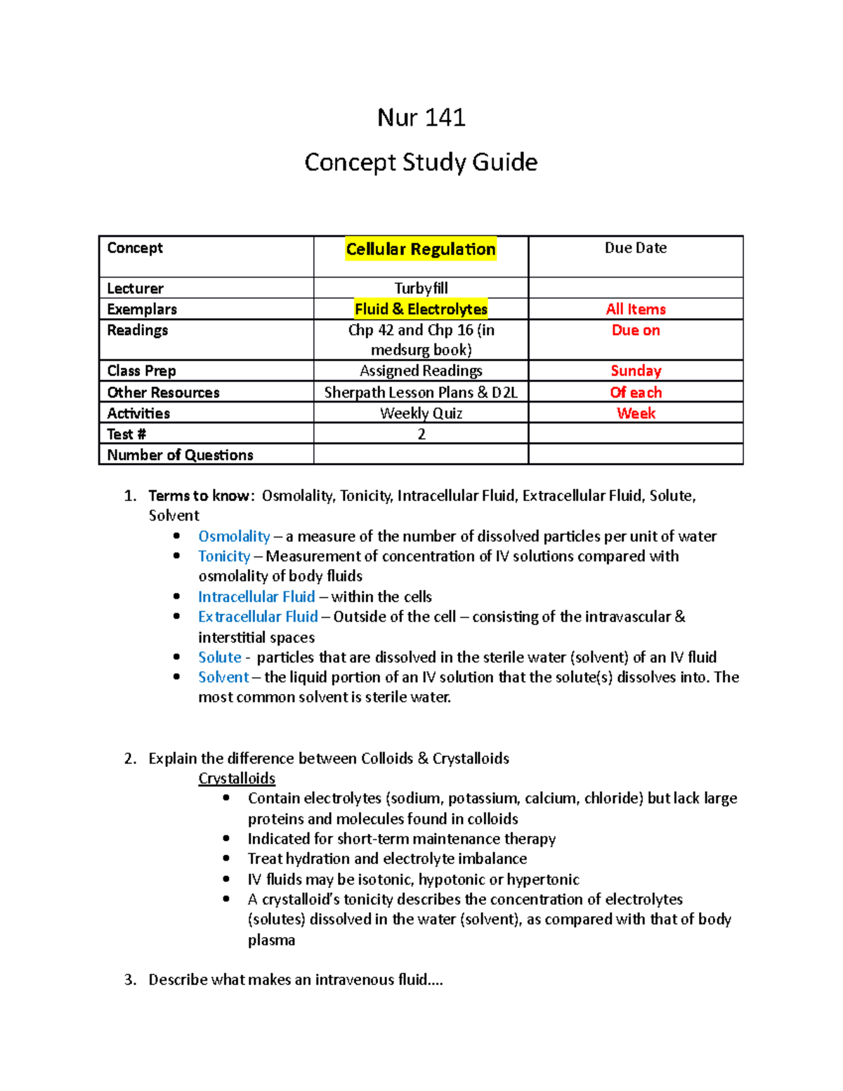 Fluid Electrolyte Study Guide - Nur 141 Concept Study Guide Concept ...