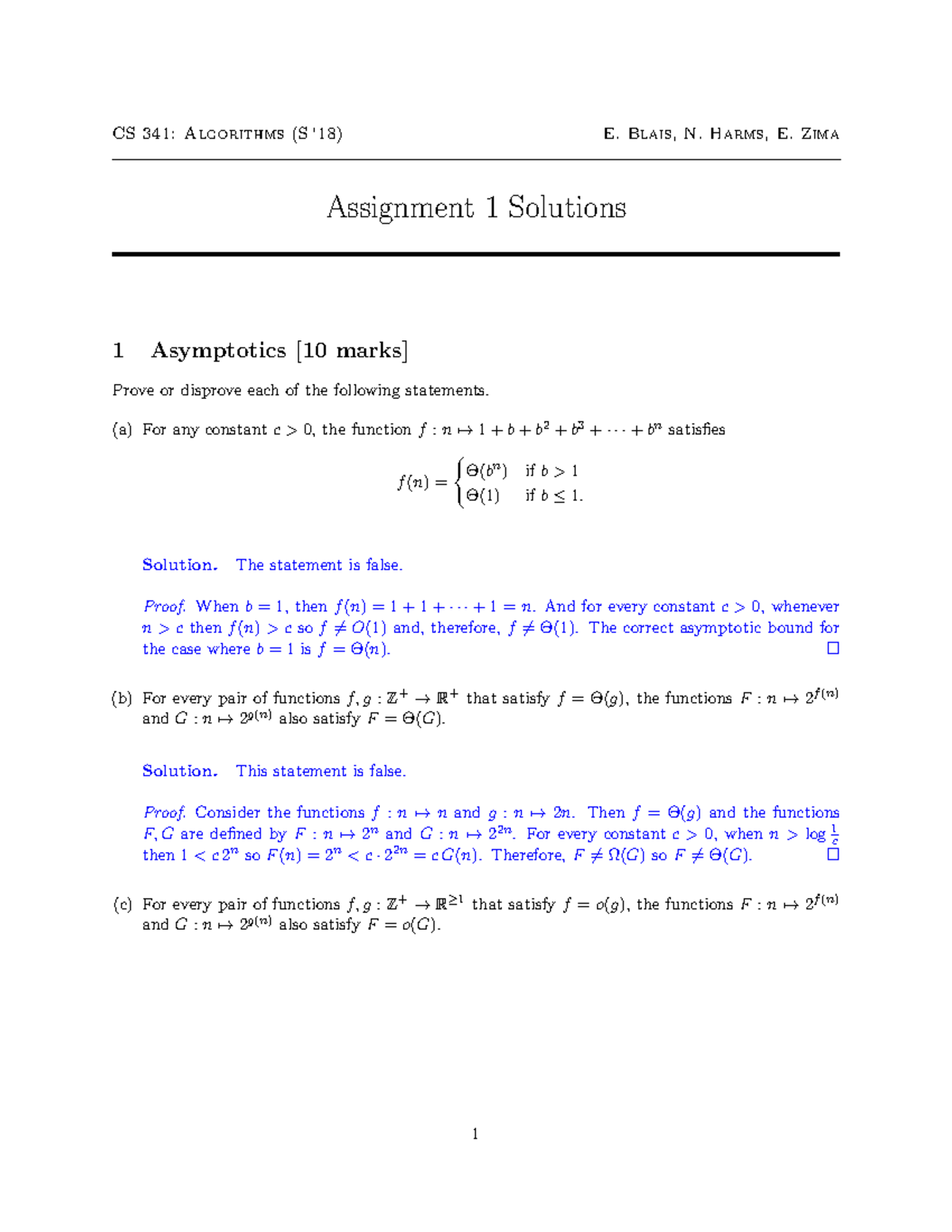 Assignment 1Solutions - CS 341: Algorithms (S ’18) E. Blais, N. Harms, E. Zima Assignment 1 ...