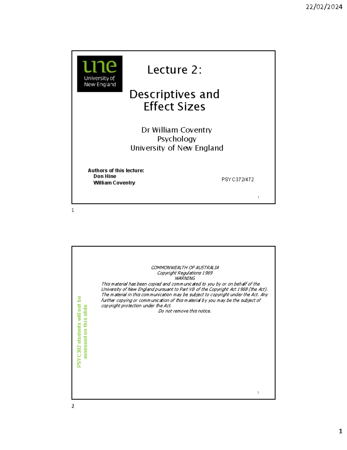 PSYC372 472 lecture 2 (2 slides per page) - Lecture 2: Descriptives and Effect Sizes ####### Dr ...