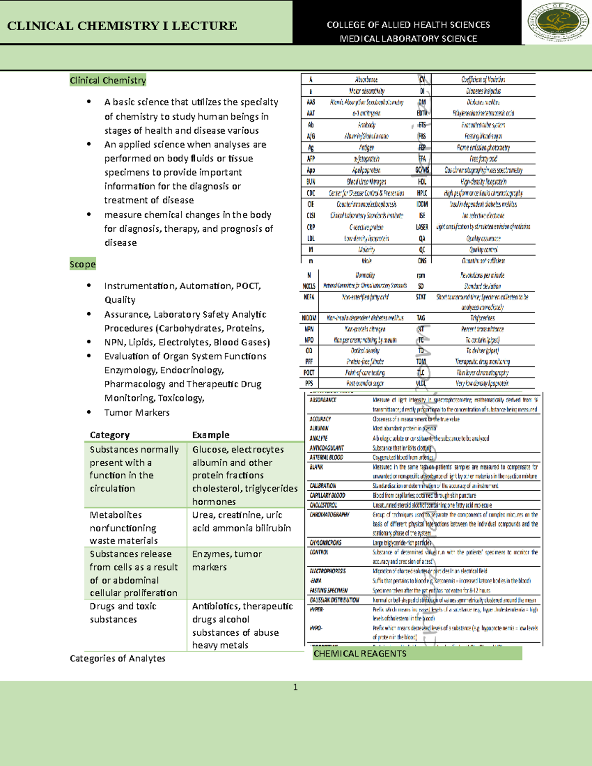 Clinical Chemistry LEC - MEDICAL LABORATORY SCIENCE Clinical Chemistry ...