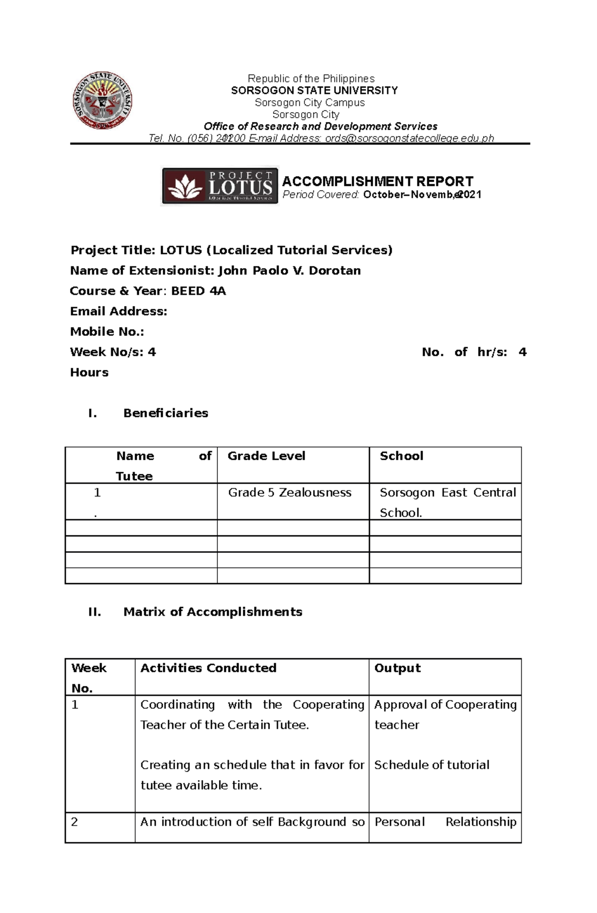 Accomplishment Report Oct-Nov - Project Title: LOTUS (Localized ...