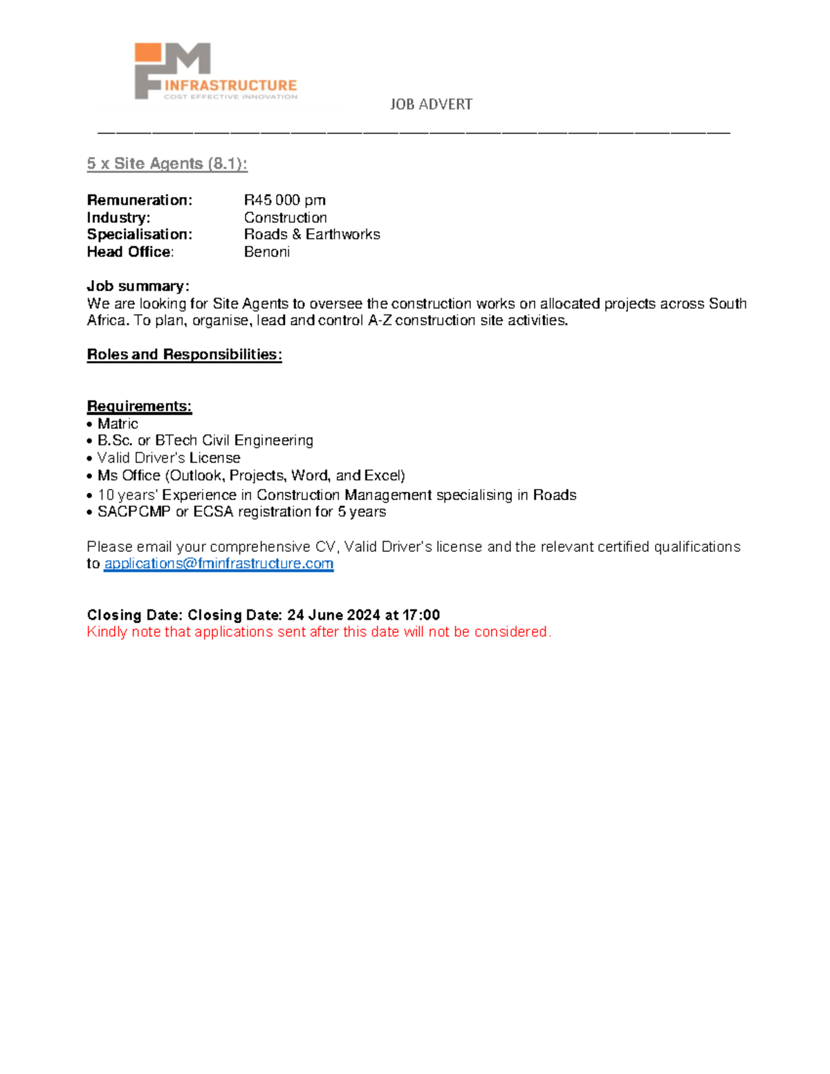 Construction Site Agent- Roads May 2024 - JOB ADVERT - Studocu