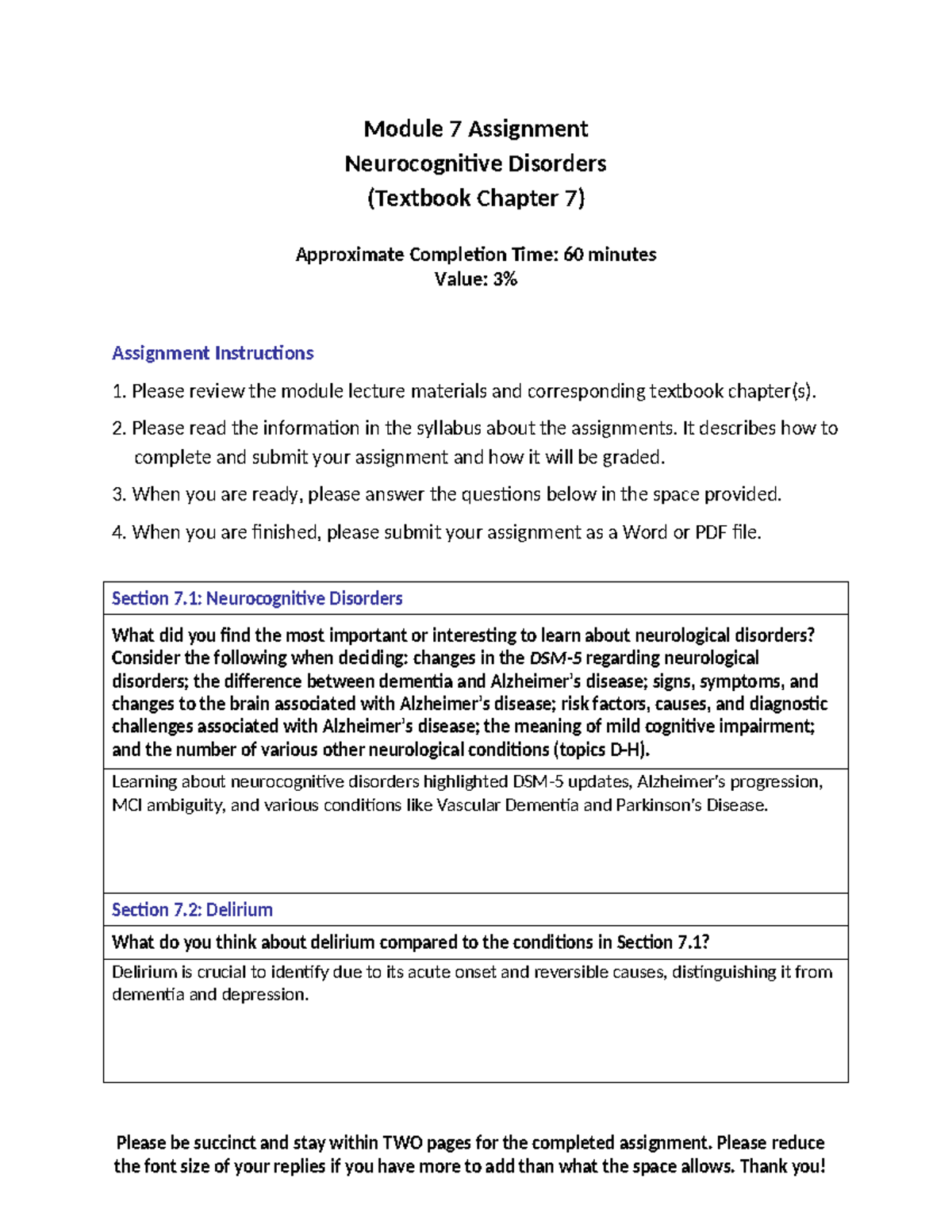 Module 7 Assignment - Module 7 Assignment Neurocognitive Disorders ...