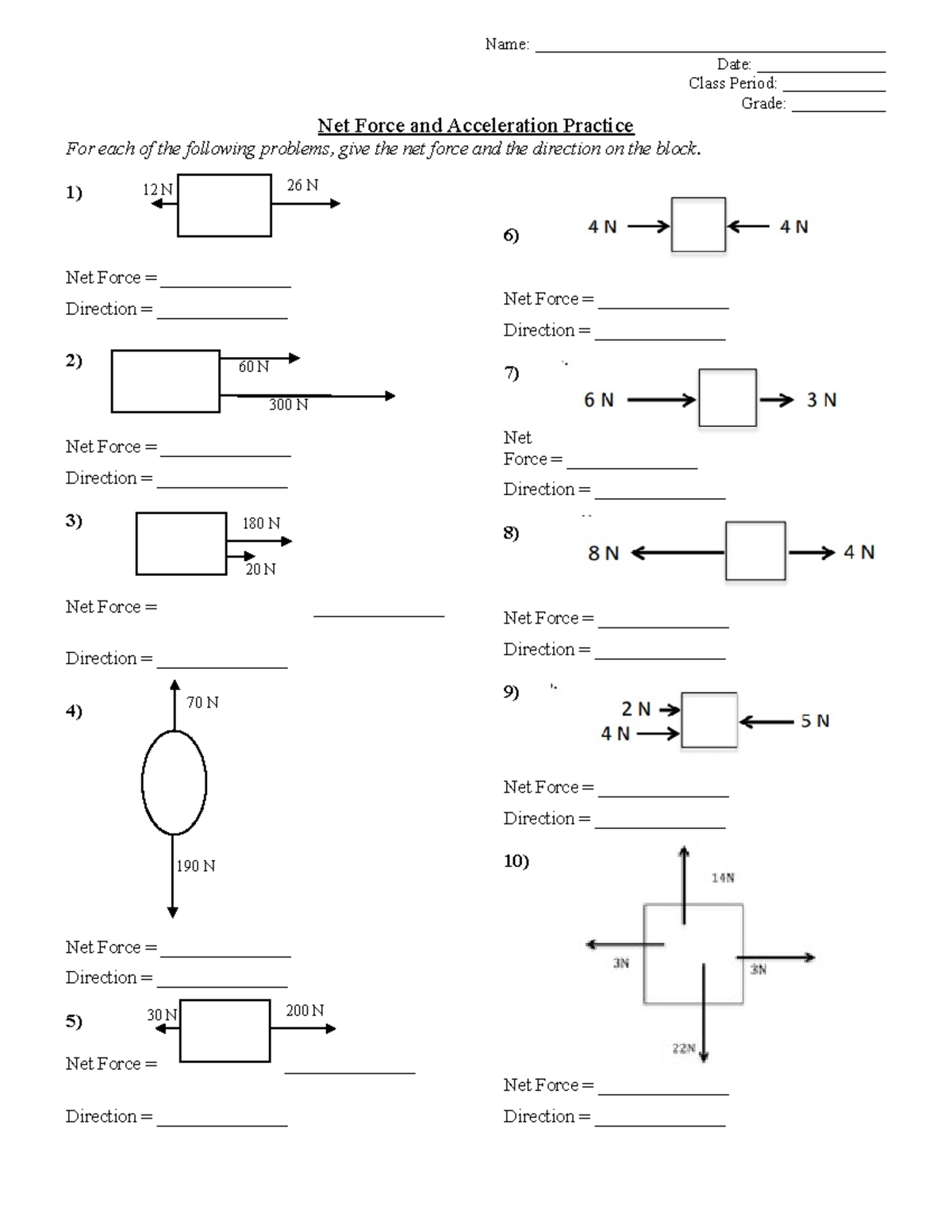 Net Force Practice Worksheet - Name: _________________________________________ Date ...