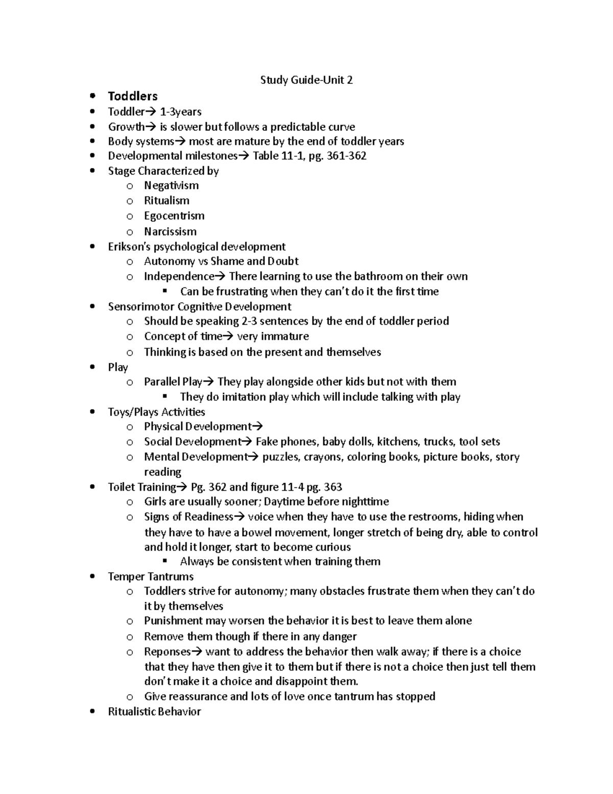 Peds Study guide-Unit 2 - Study Guide-Unit 2 Toddlers Toddler 1-3years ...