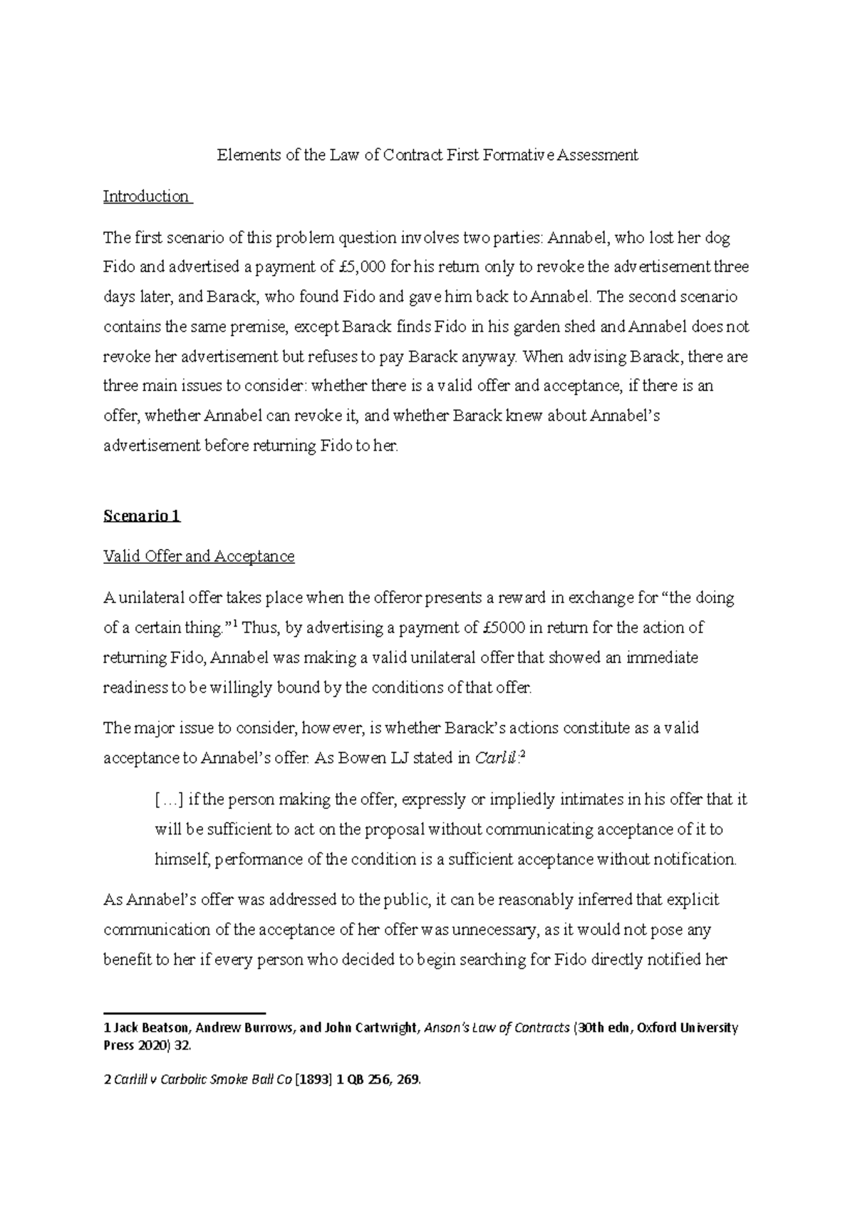 Contract Law Essay - Offer and Acceptance - Elements of the Law of Contract First Formative ...