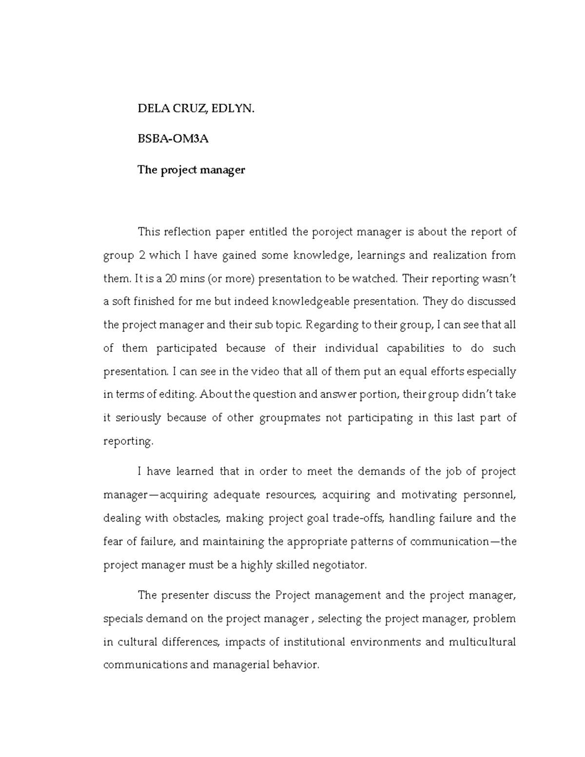 DELA CRUZ, Edlyn OM3A - project management reflection for second topic ...