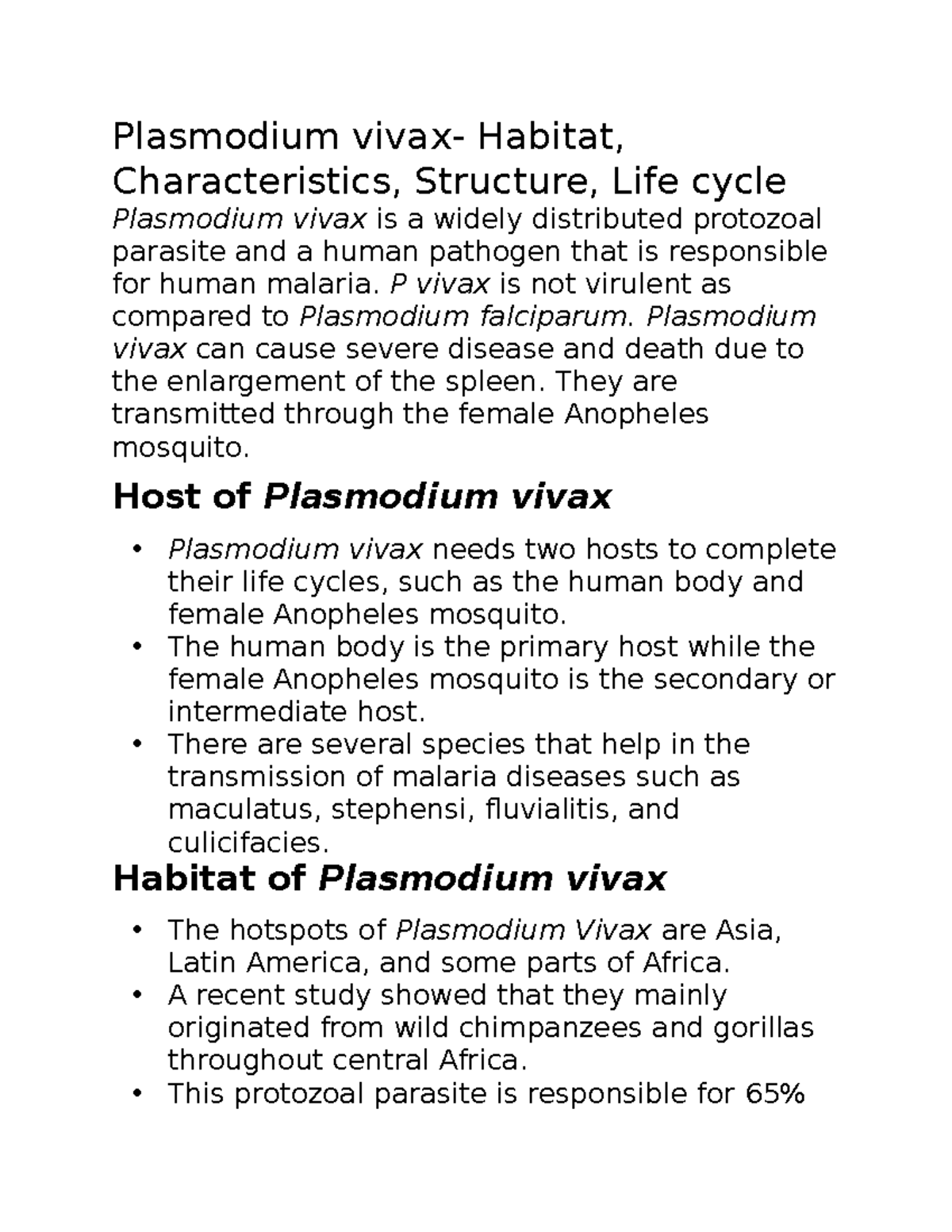 Bio 16 - Notes - Plasmodium vivax- Habitat, Characteristics, Structure ...
