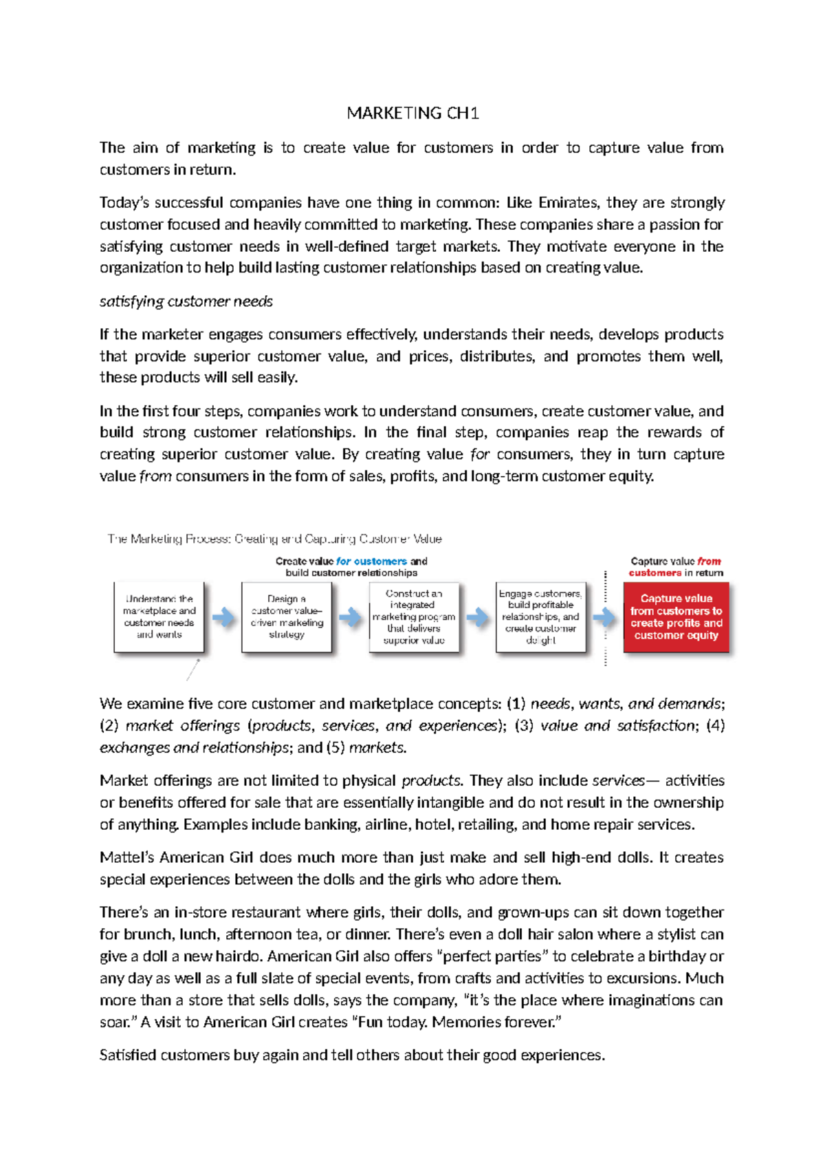 Marketing CH1 Summary - MARKETING CH The aim of marketing is to create value for customers in ...