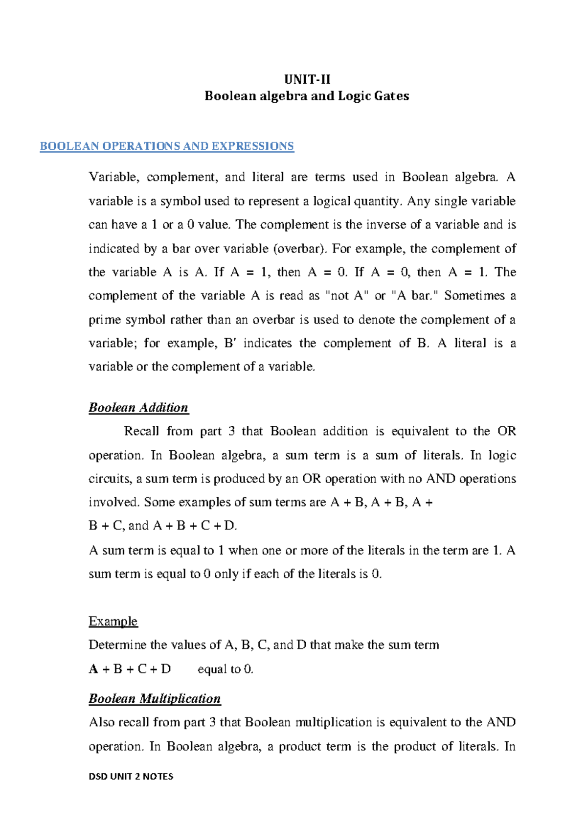 Boolean Algebra Reading Material For Cse211 Unit Ii Boolean Algebra