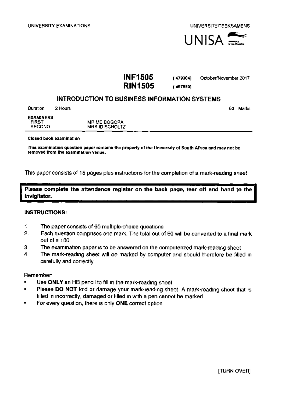 2017 PP - Past paper for INF 1505 - INF1505 - Studocu