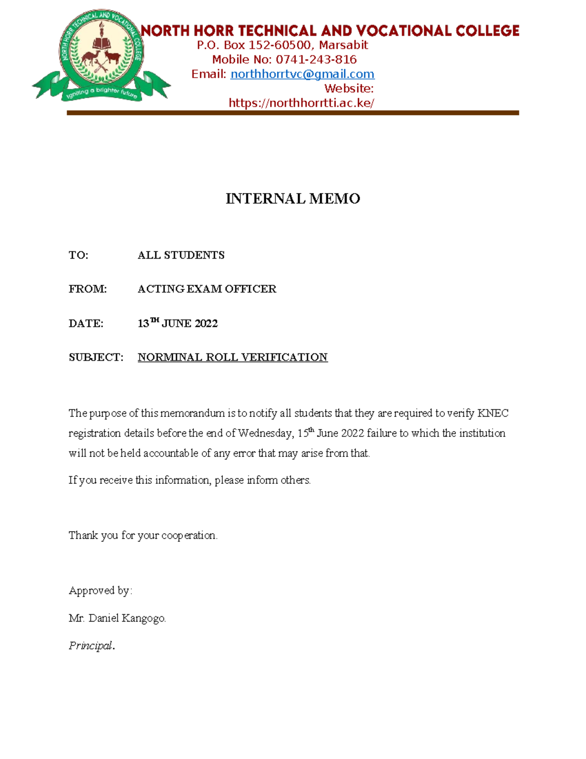 KNEC Verification MEMO - P. Box 152-60500, Marsabit Mobile No: 0741-243 ...