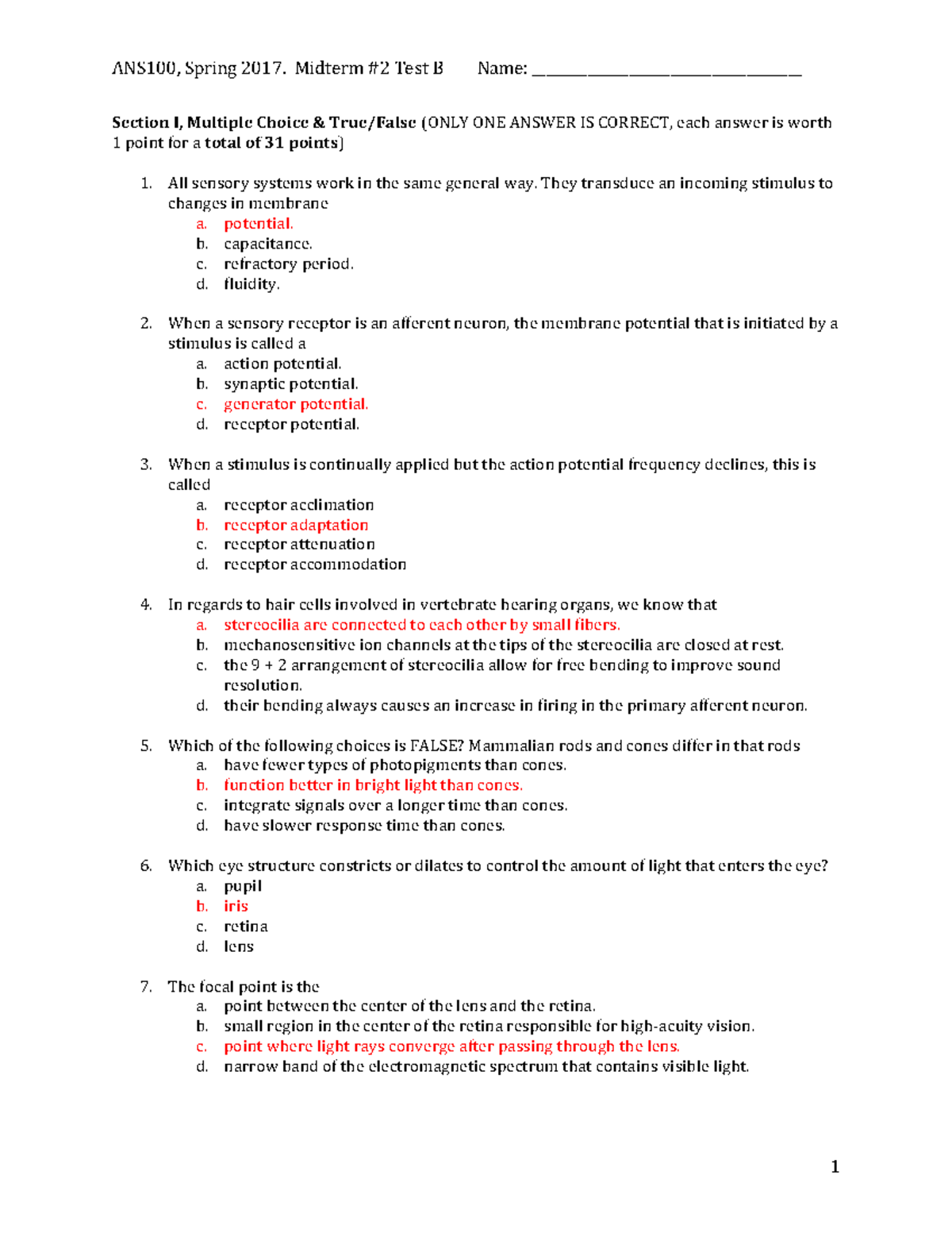 ANS 100 - Midterm #2 Sp17 TEST B ANS - Section I, Multiple Choice ...