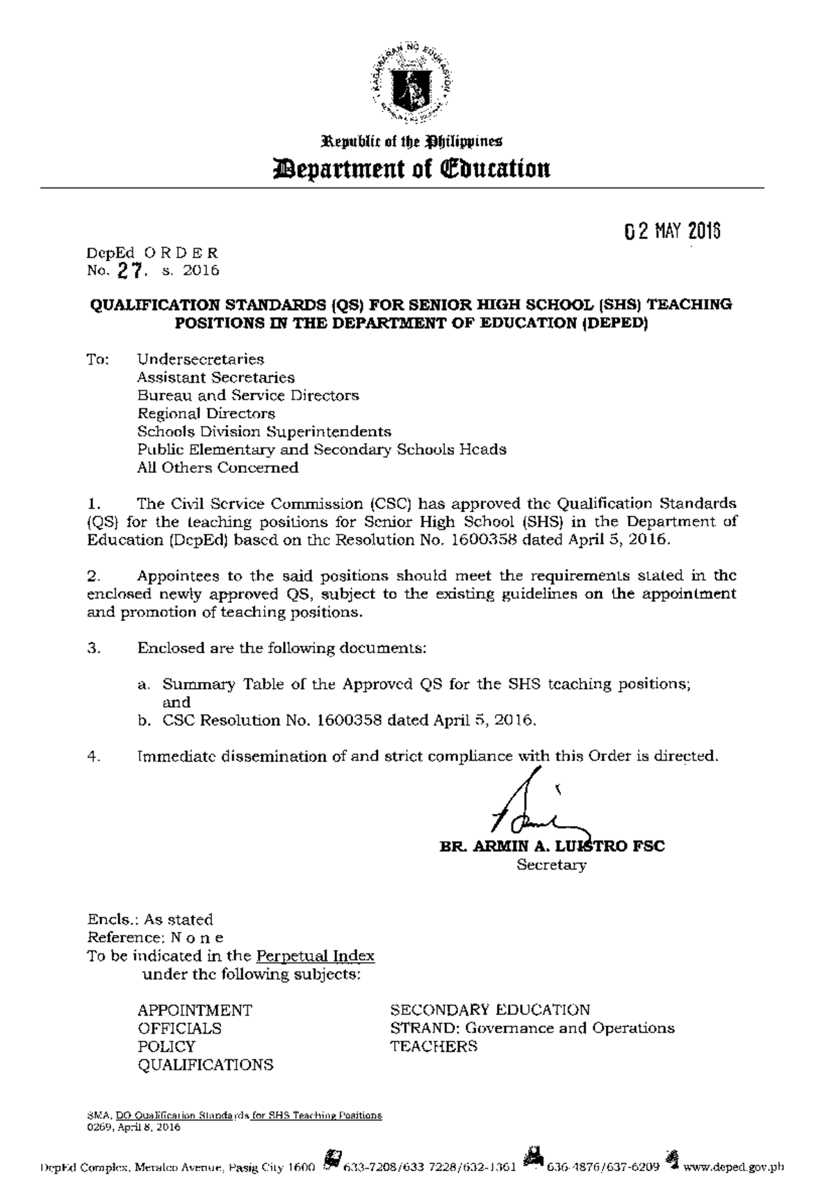 DO s2016 27 hiring of shs teachers - professional education - Studocu