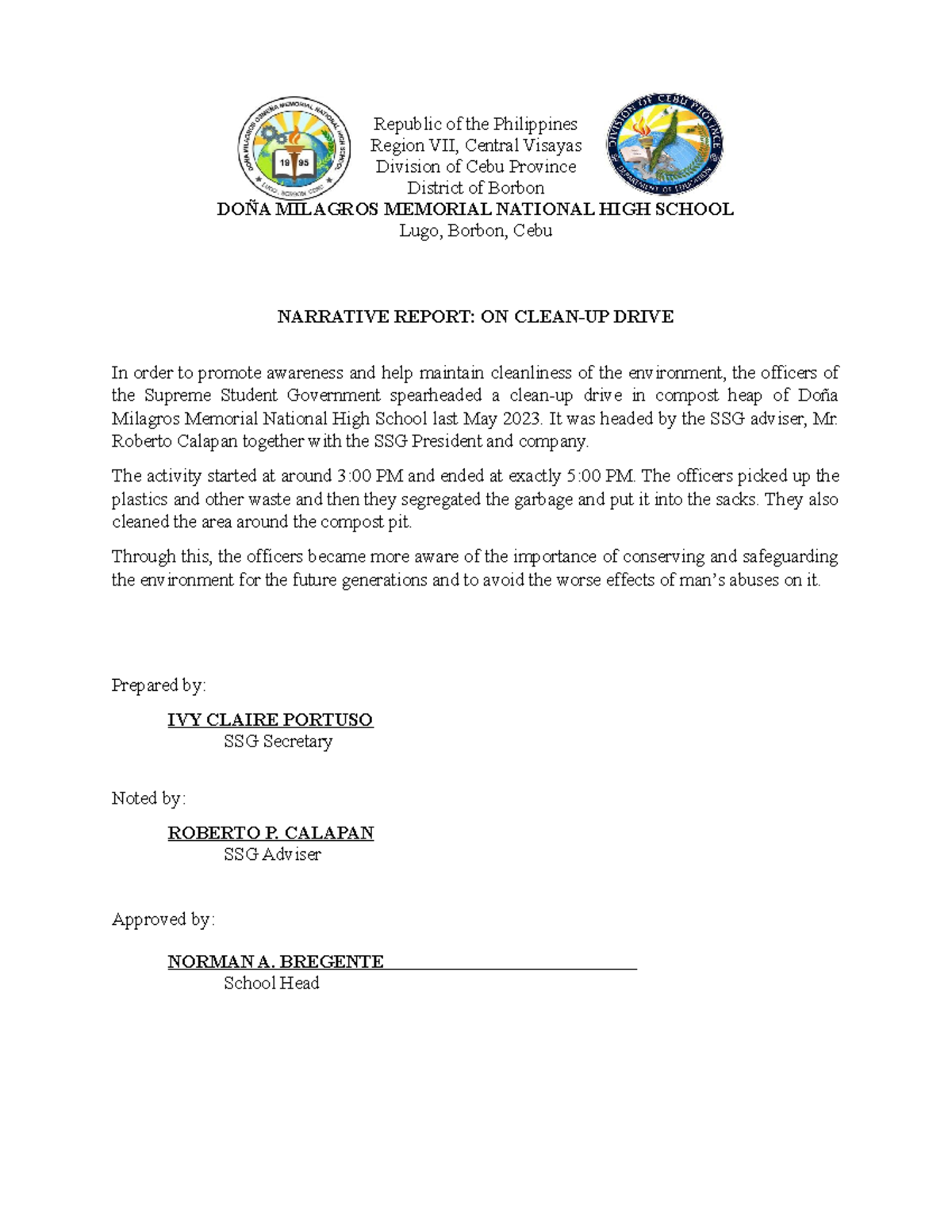 Narrative- Clean UP Drive - Republic of the Philippines Region VII ...