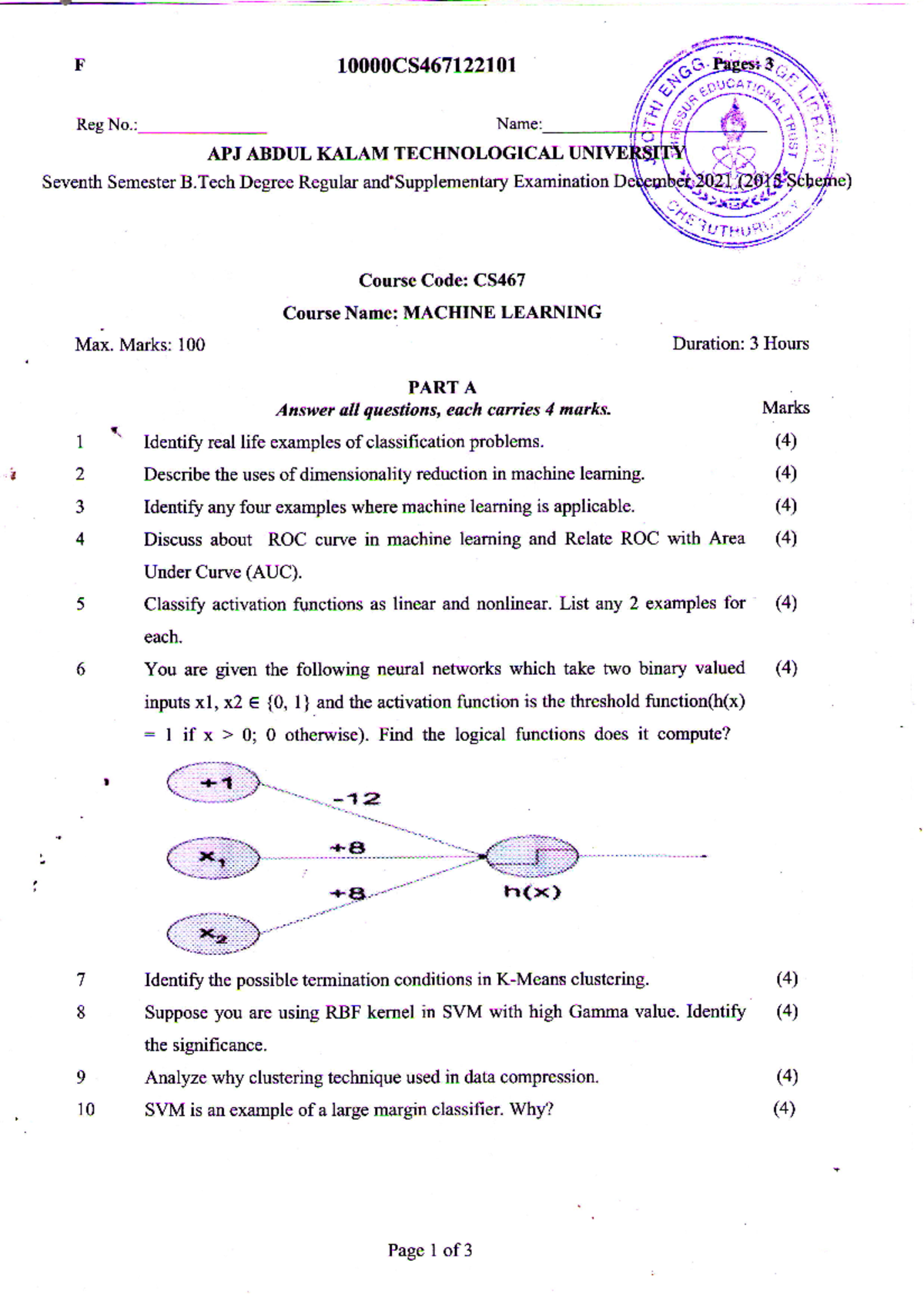 CS467 Machine Learning, December 2021 - I F RegNo.: 10000cs APJ ABDUI ...
