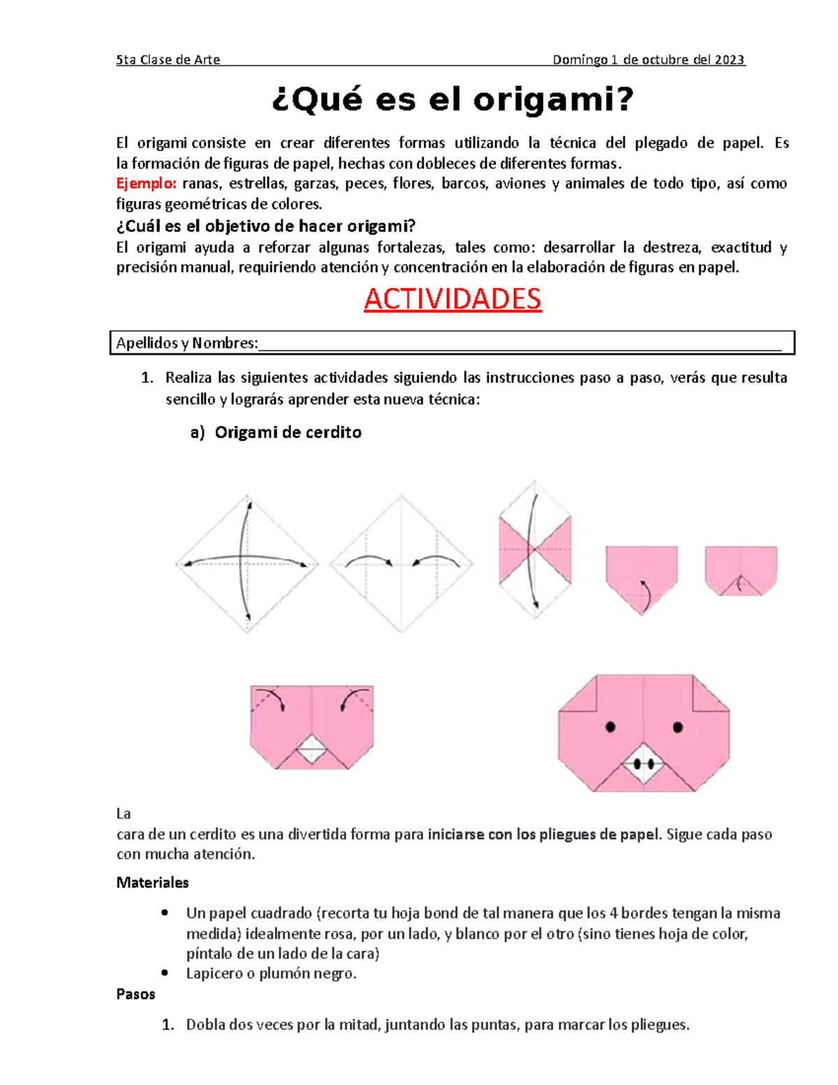 Origami - arte - 5ta Clase de Arte Domingo 1 de octubre del 2023 ¿Qué ...