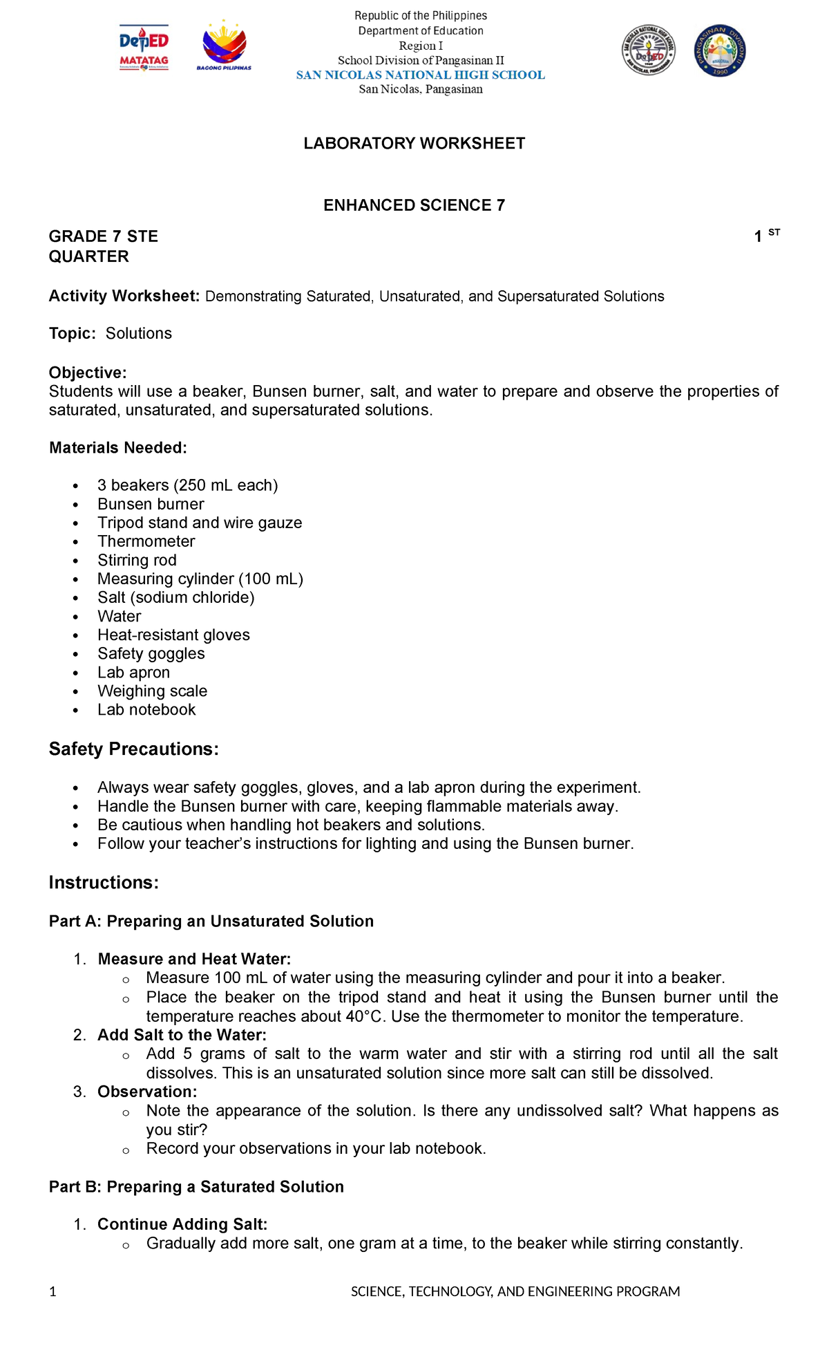 Solutions - Laboratory Worksheet - STE 7 - LABORATORY WORKSHEET ...