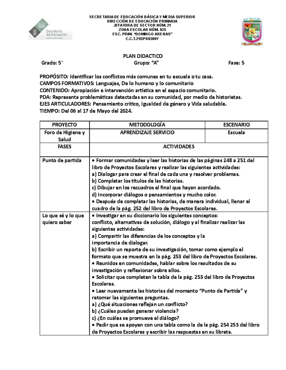 Primer Quincena Mayo 5 A Plan Didactico Grado 5 Grupo A Fase 5