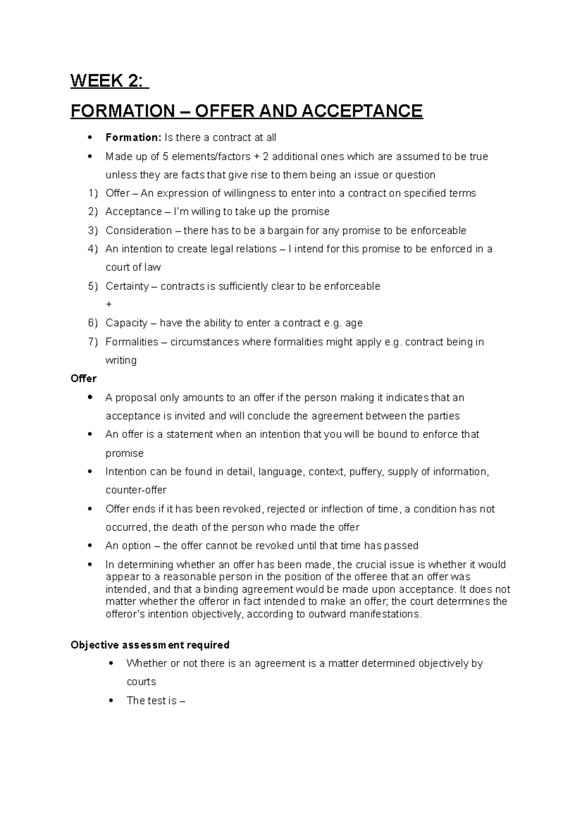Contracts lectures:readings - WEEK 2: FORMATION OFFER AND ACCEPTANCE ...