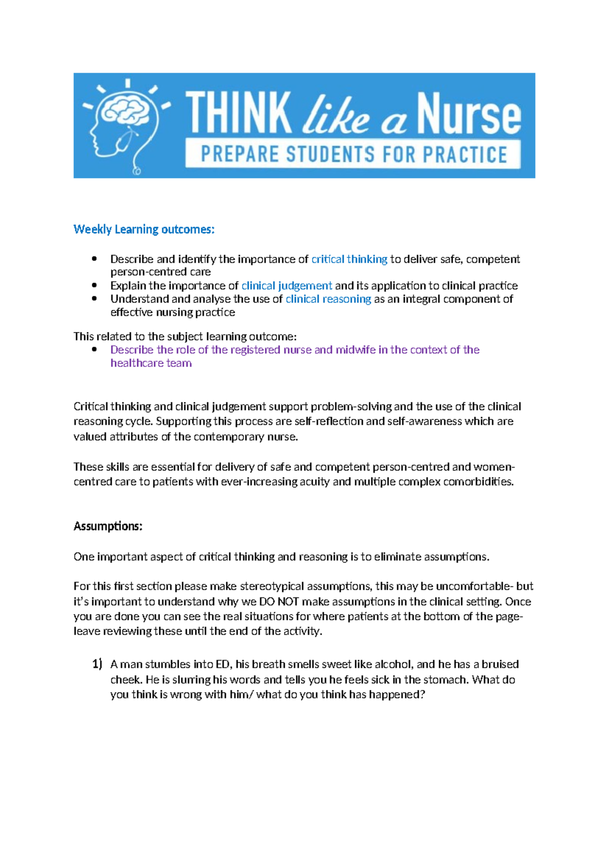 External workbook- Thinking like a nurse - Weekly Learning outcomes ...