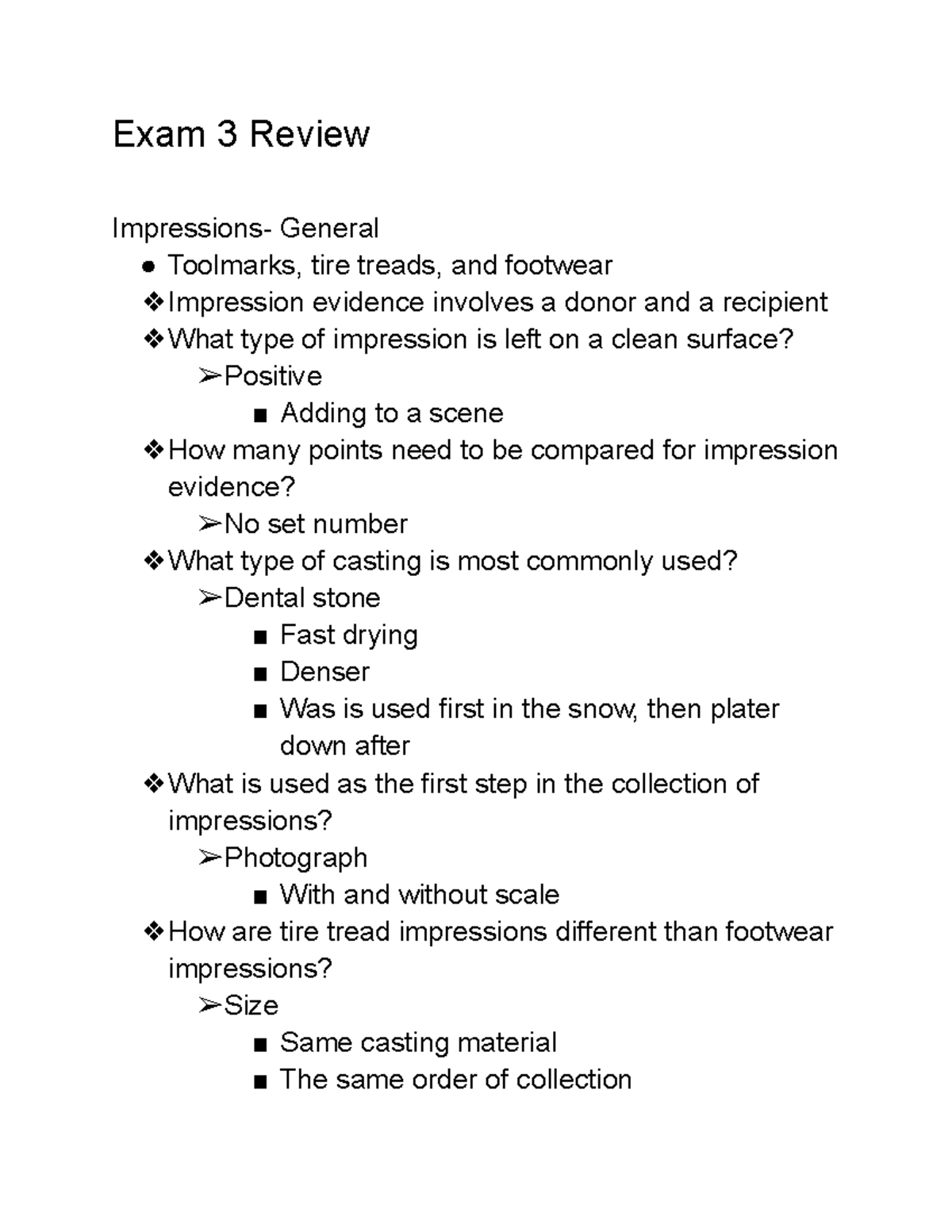 Exam 3 Review FIS - Exam 3 Review Impressions- General Toolmarks, tire ...