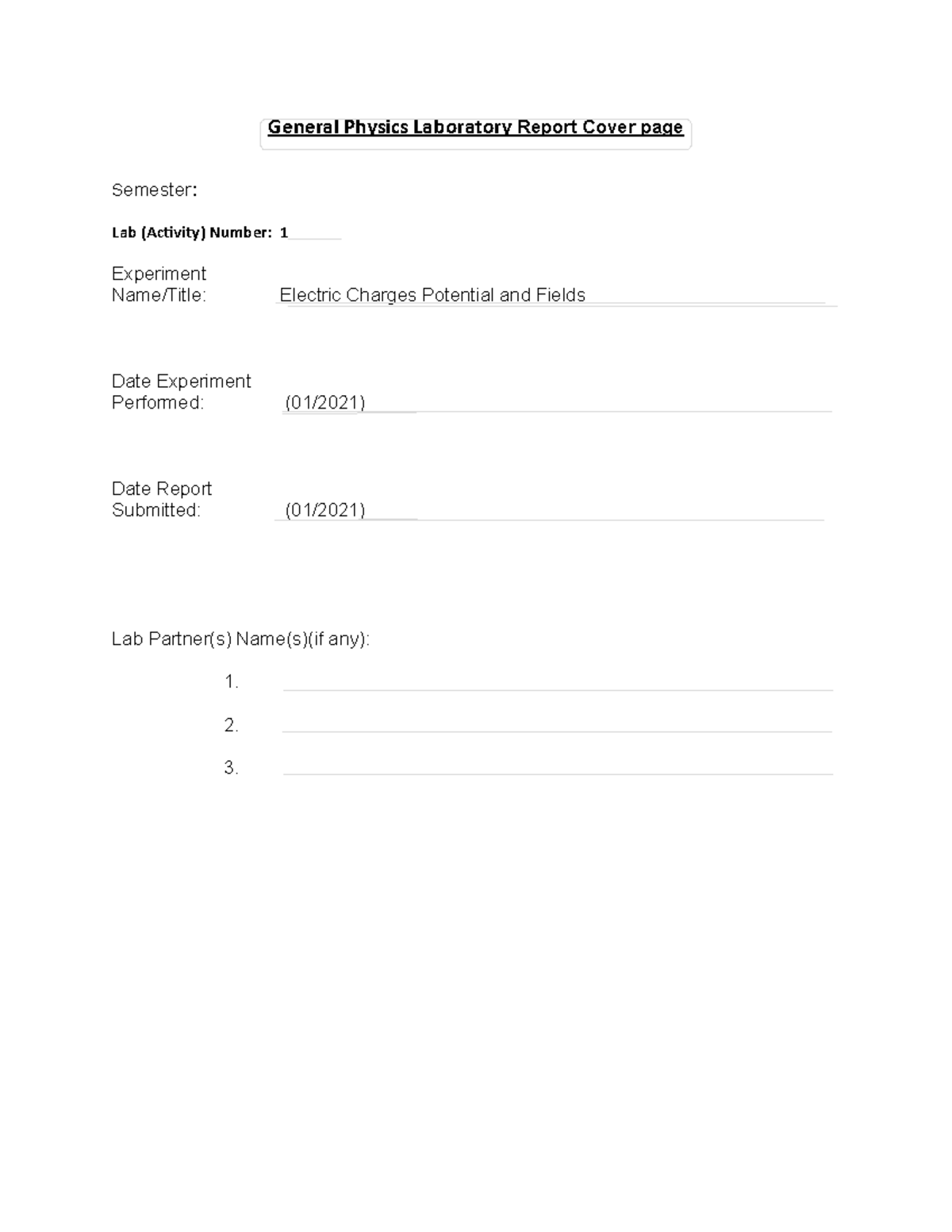 Lab 1: Electric Charges, Potentials, and Fields Lab Report - General ...