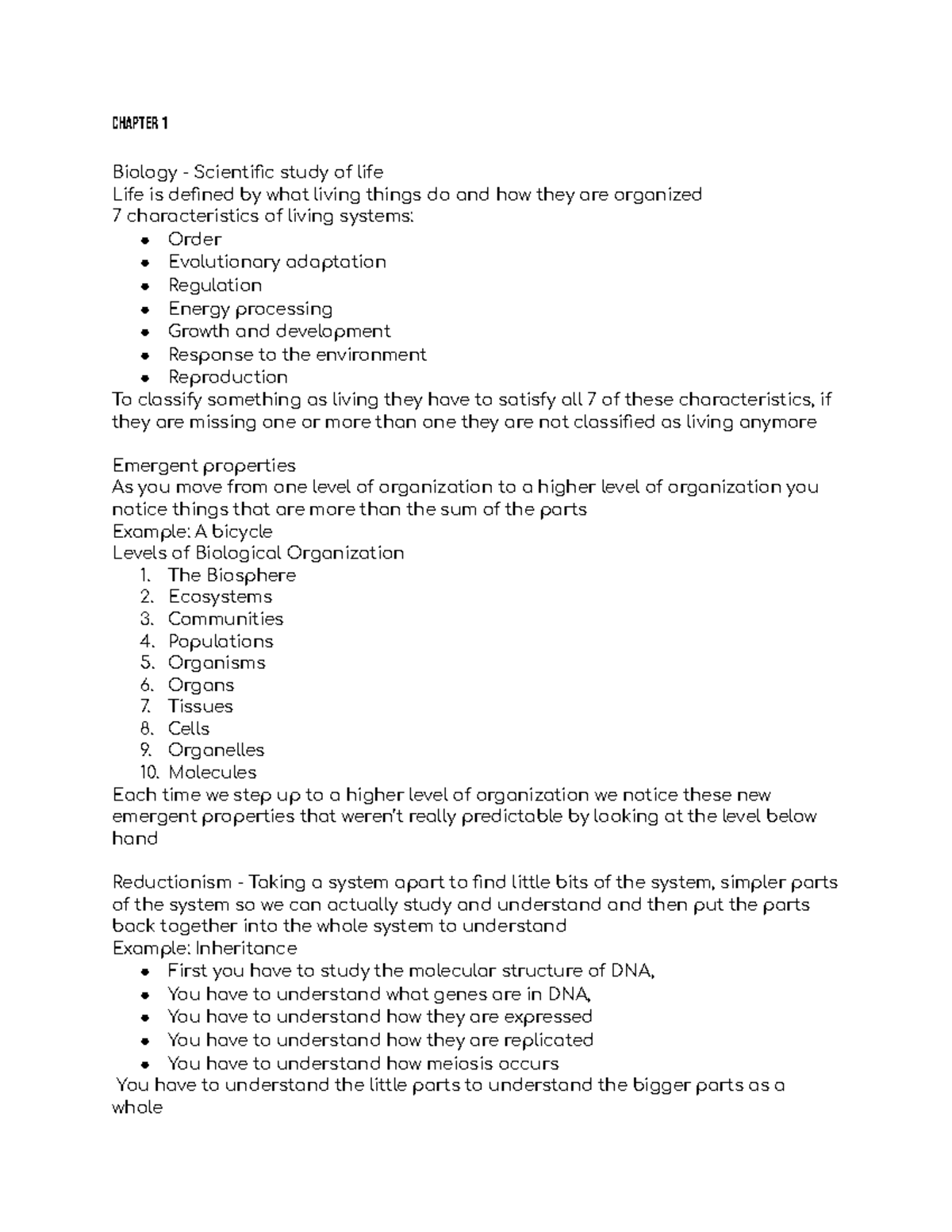 Biology Notes - Chapter 1 Biology - Scientific study of life Life is ...