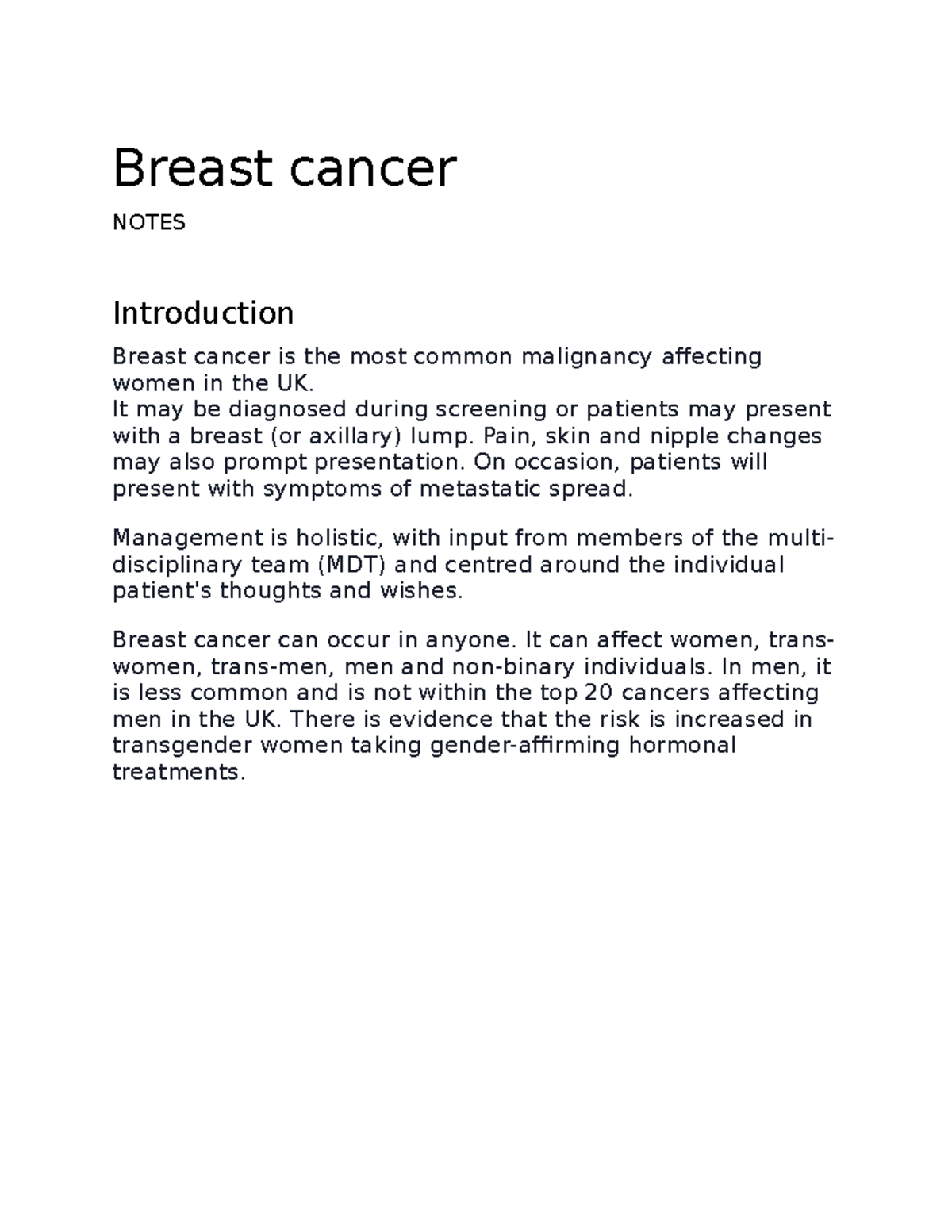 Breast cancer - Lecture notes - Breast cancer NOTES Introduction Breast ...