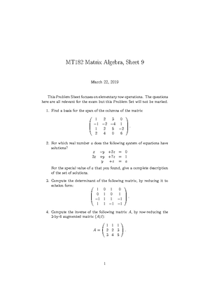 MT1820 Sheet 1 Solution - Matrix Algebra Problem Sheet 1 Solutions LetA ...