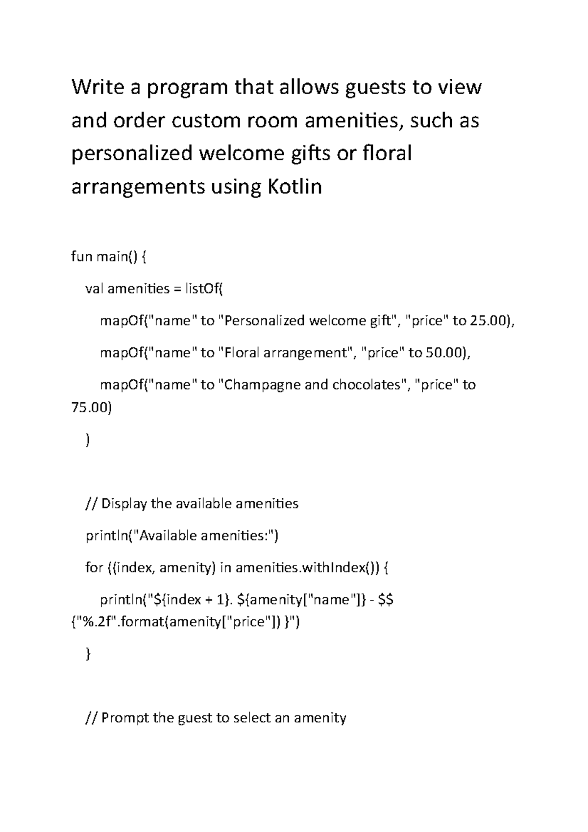 Comp6003 Assign39 Custom Room Amenities Kotlin Write A Program That Allows Guests To View And
