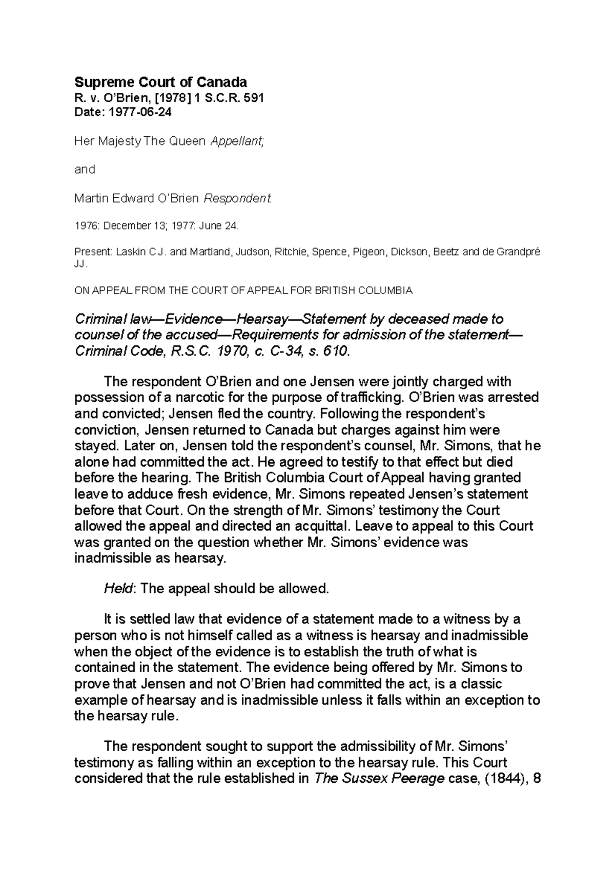 R v Constanza - Lecture notes 2 - Supreme Court of Canada R. v. O’Brien ...