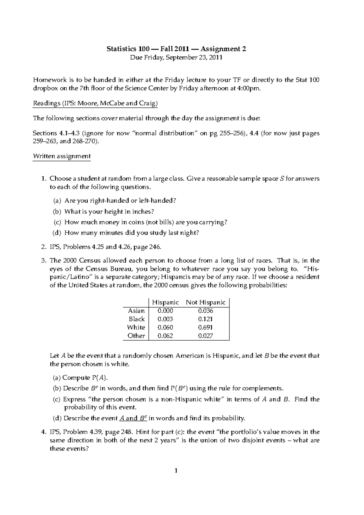 Seminar assignments - Questions and Answers 2011 - Statistics 100 Fall ...