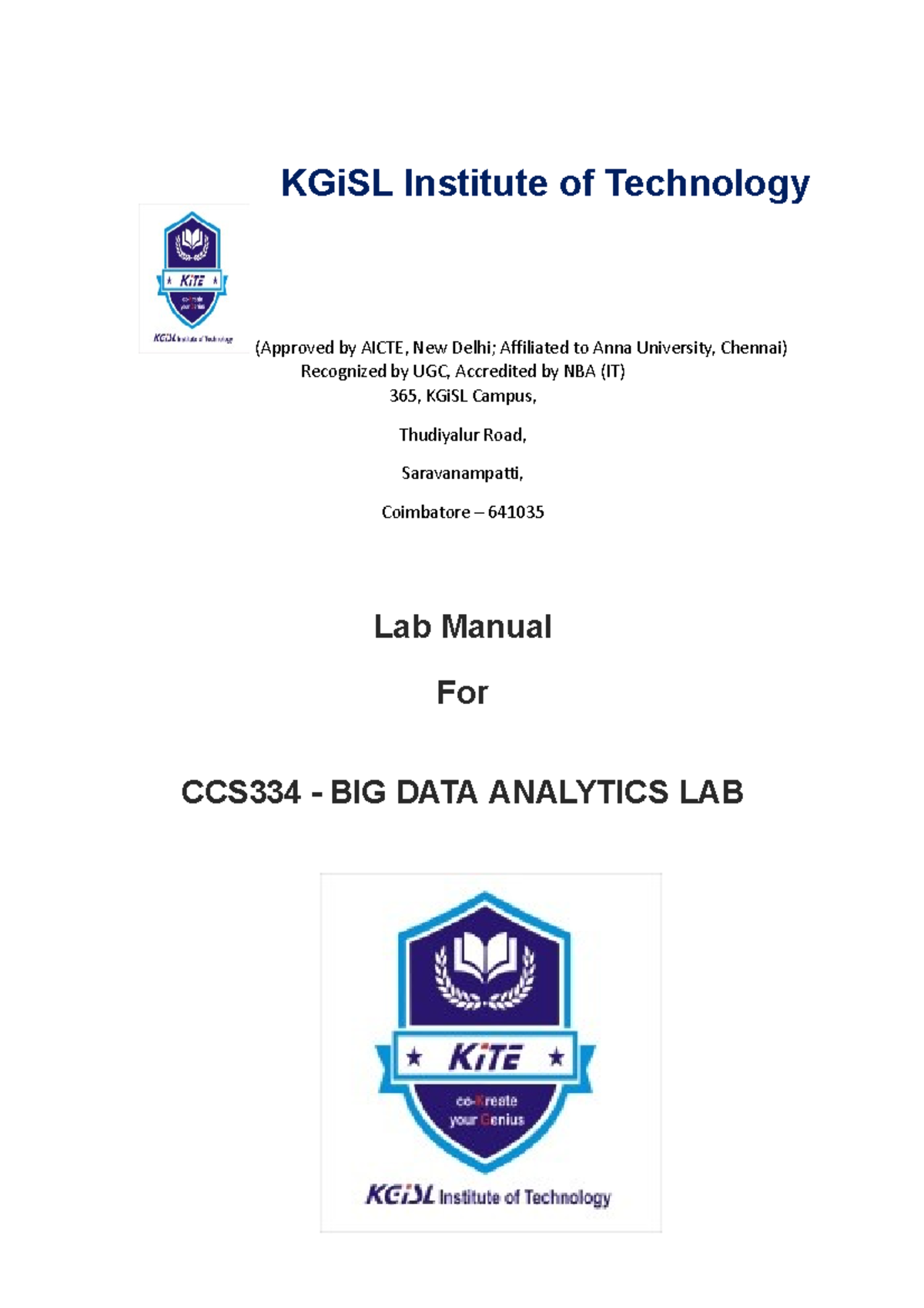 Bigdatalabmanual - iot - KGiSL Institute of Technology (Approved by AICTE, New Delhi; Affiliated ...