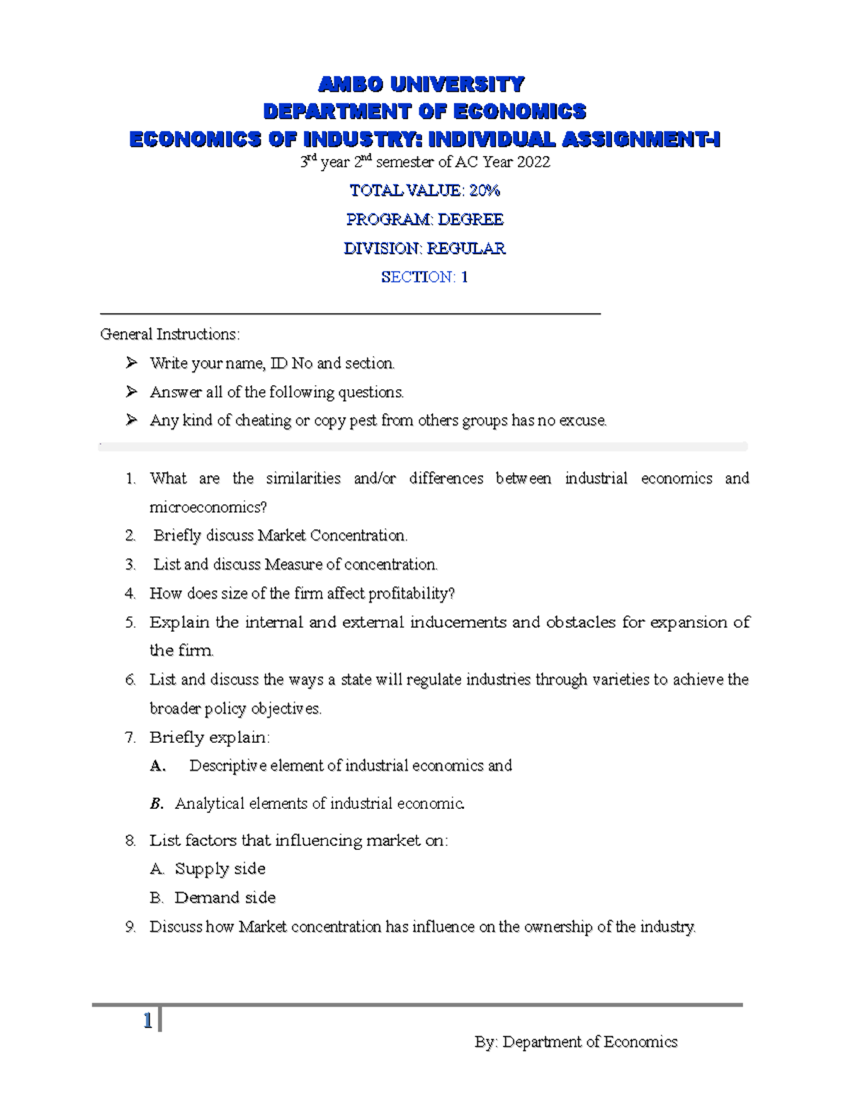 Assignment Economics OF Industry - AAMBMBOO UUNNIIVVEERRSSIITTYY D ...