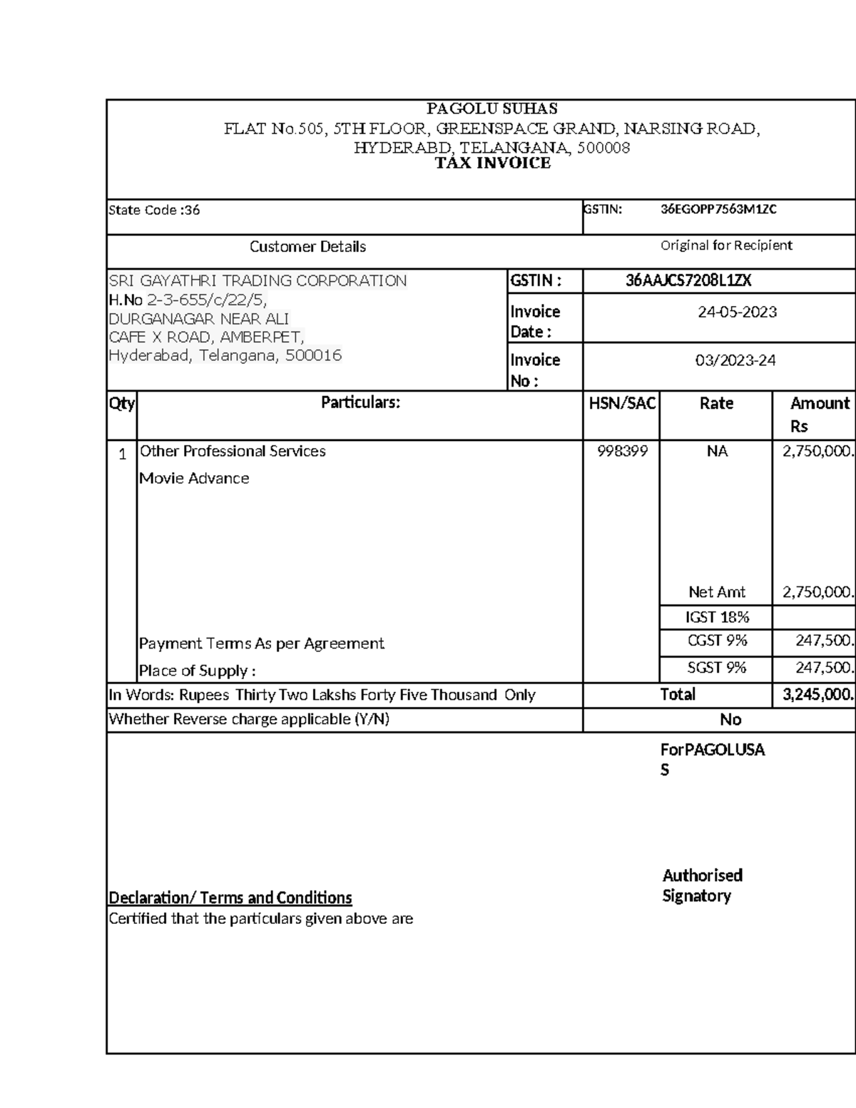 Model Invoice (1)-2 - PAGOLU SUHAS FLAT No, 5TH FLOOR, GREENSPACE GRAND ...