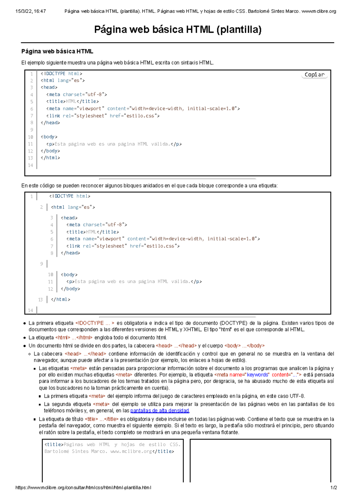 Página web básica HTML (plantilla) - HTML. Páginas web HTML y hojas de estilo CSS. Bartolomé ...