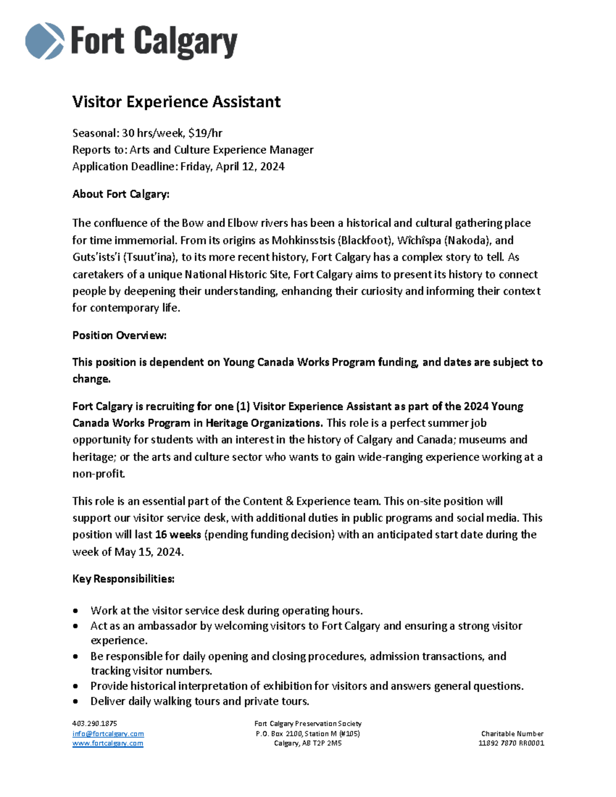 2024-Visitor Experience Assistant-YCW - 403.290 Fort Calgary ...