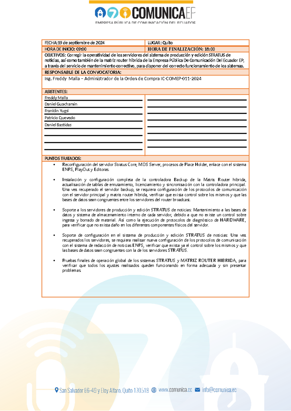 Minuta - sdasdas - FECHA:19 de septiembre de 2024 LUGAR: Quito HORA DE ...