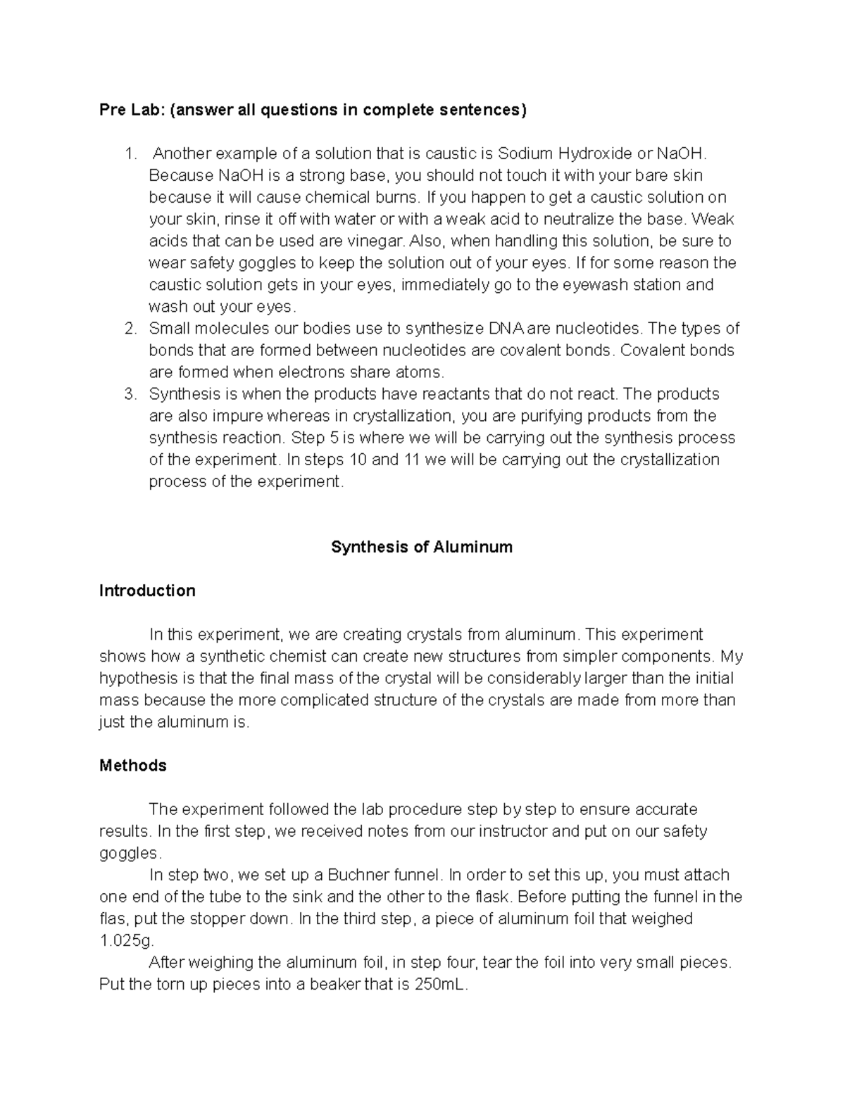 Lab 6 - Synthesis of Aluminum Lab Report - Pre Lab: (answer all ...