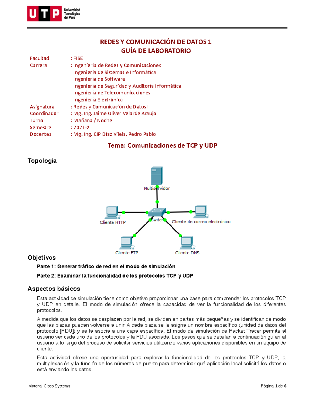 Lab - Comunicaciones TCP y UDP - REDES Y COMUNICACIÓN DE DATOS 1 GUÍA DE LABORATORIO Facultad ...