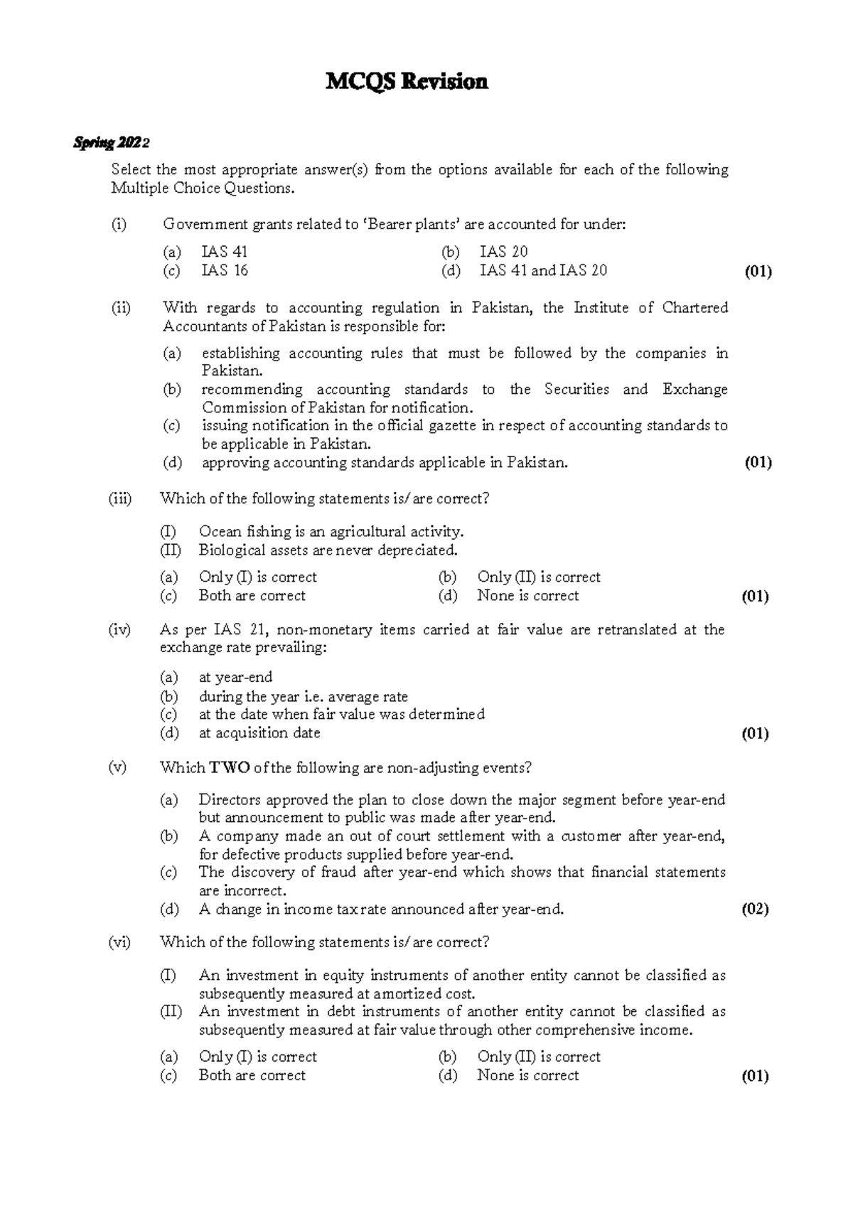 FAR-II MCQs Revision - past paper questions - Select the most ...