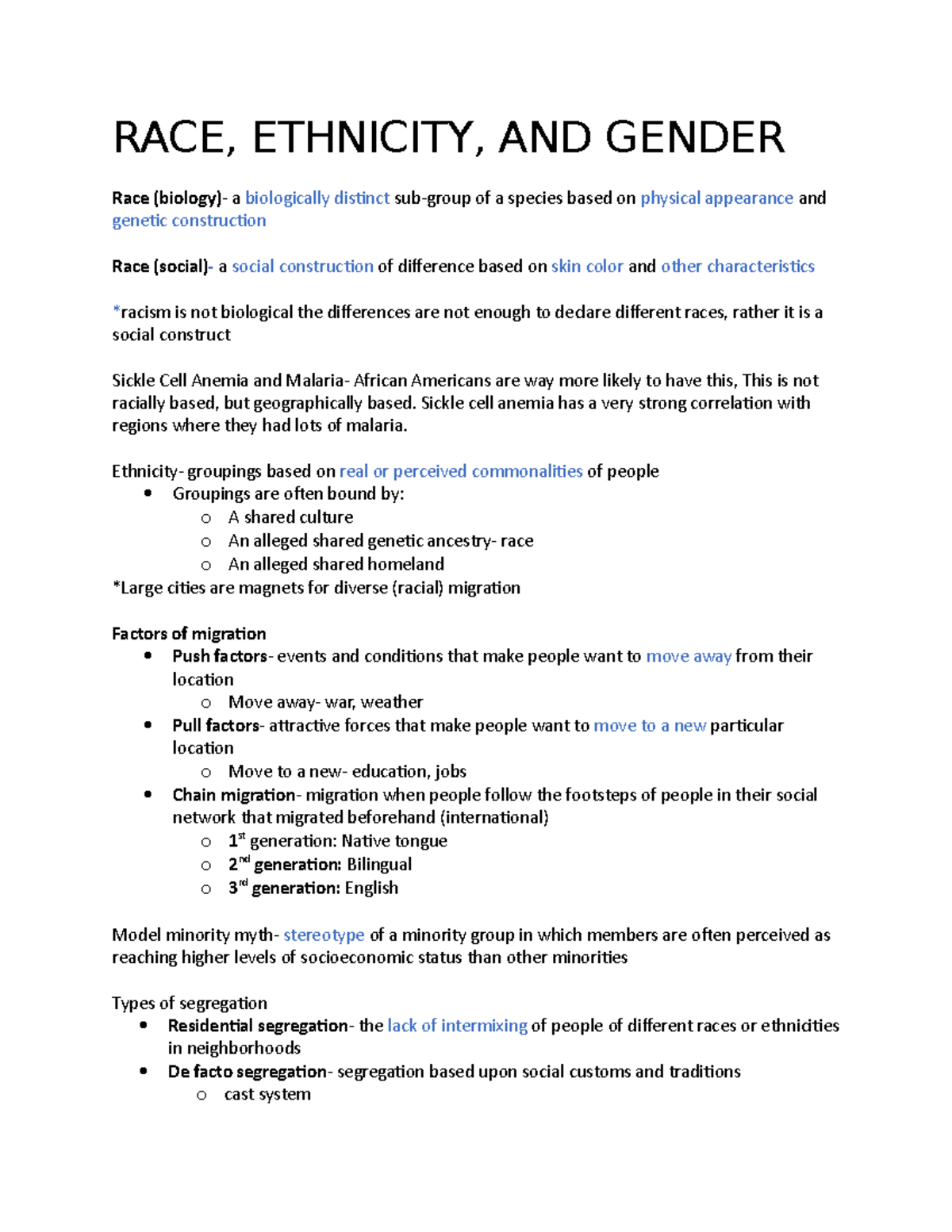 UNIT 3 MTRO [482] - RACE, ETHNICITY, AND GENDER Race a biologically ...