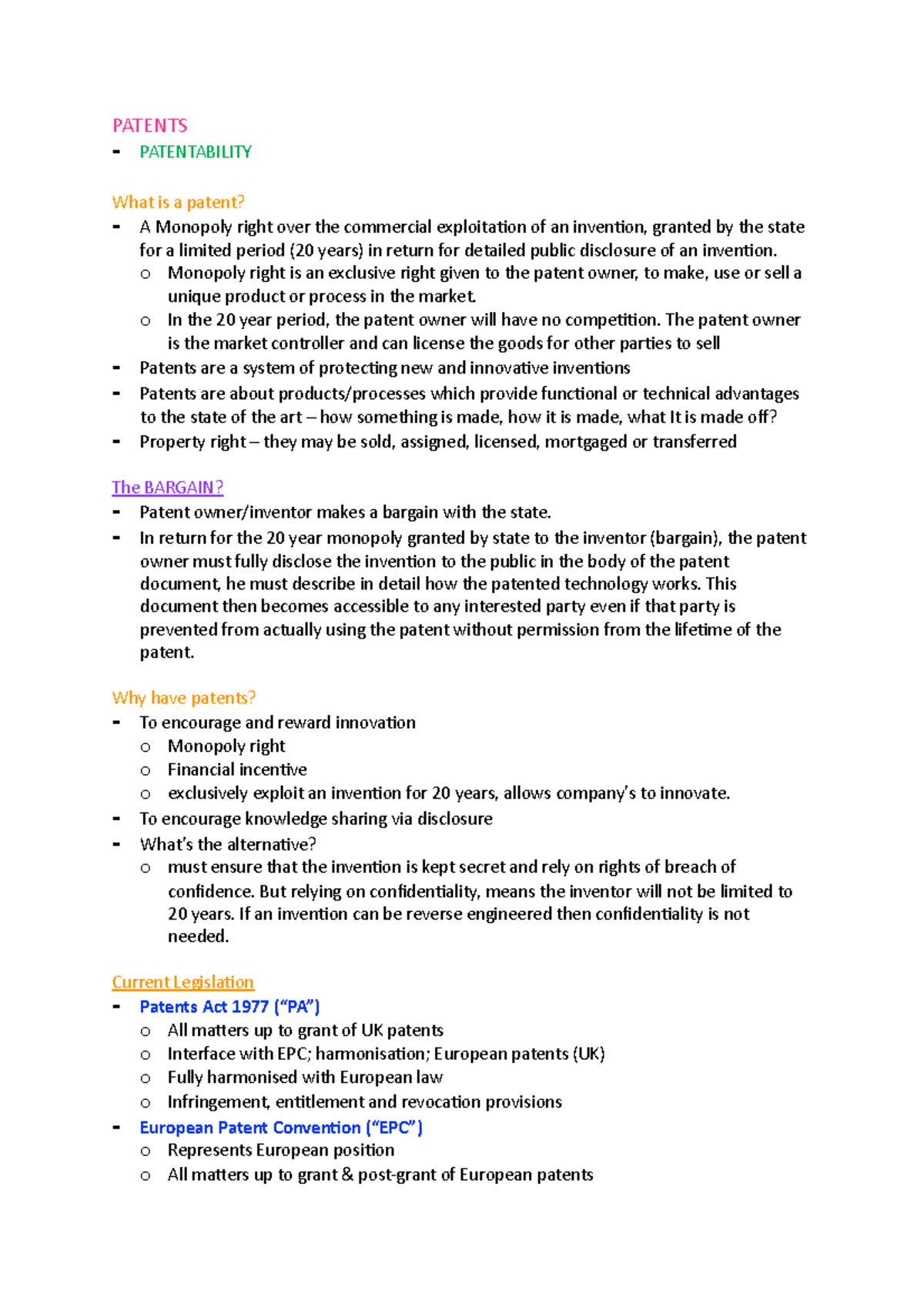 Patents- Novelty - Full Study Notes. - PATENTS - PATENTABILITY What is ...